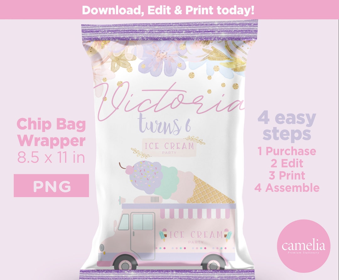 Ice Cream Chip Bag Printable Birthday, Printable Chip Wrapper Ice Cream ...