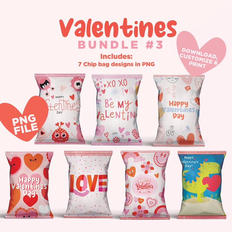 Valentines Bundle, Valentines Chip Bags Templates, Candy Bag Template ...