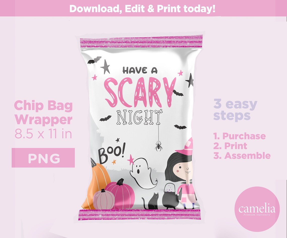 Halloween Printable Chip Bag Label Template, Pink Halloween Party ...