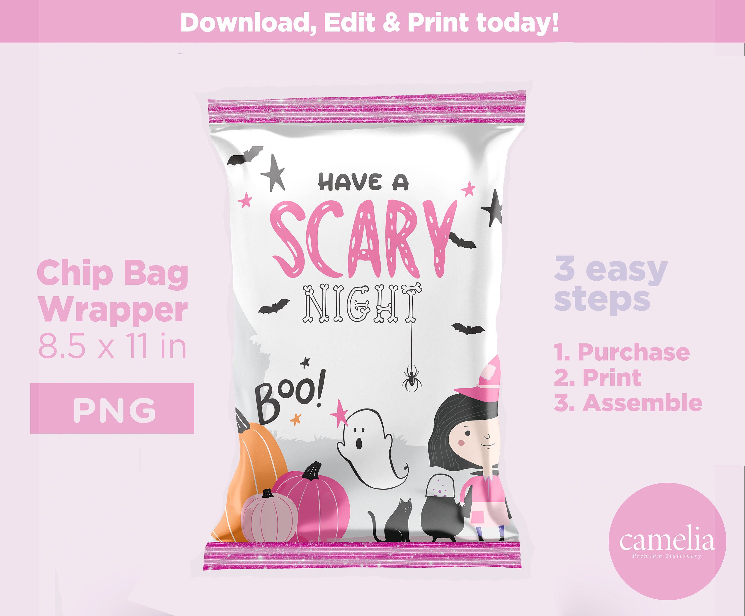 Halloween Printable Chip Bag Label Template, Pink Halloween Party ...