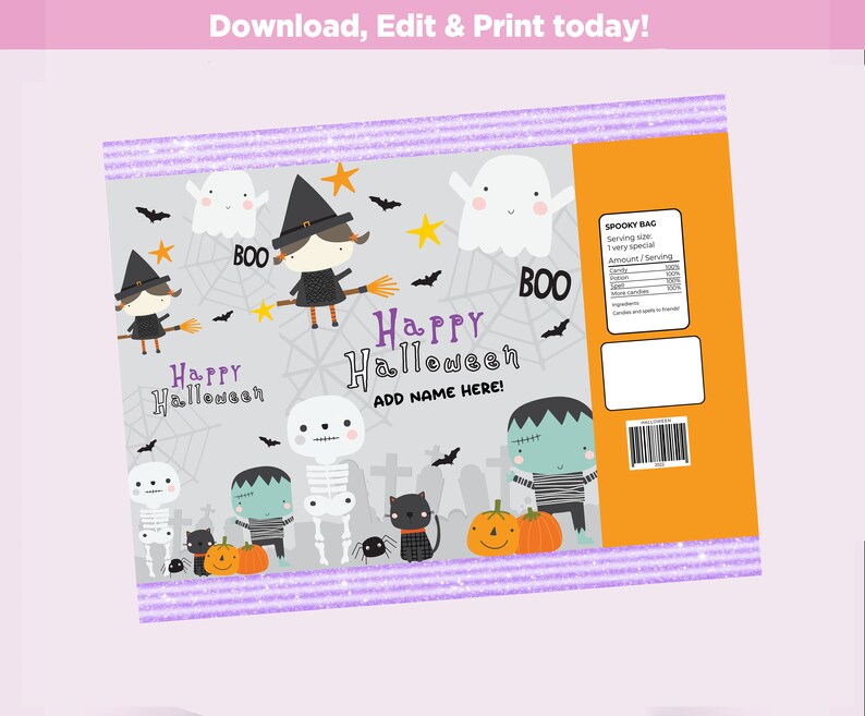 Halloween Printable Chip Bag label template Pink Halloween - Etsy México