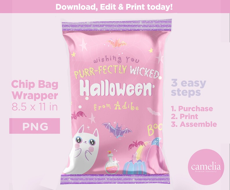 Halloween Printable Chip Bag Template, Pink Halloween Party Favors ...