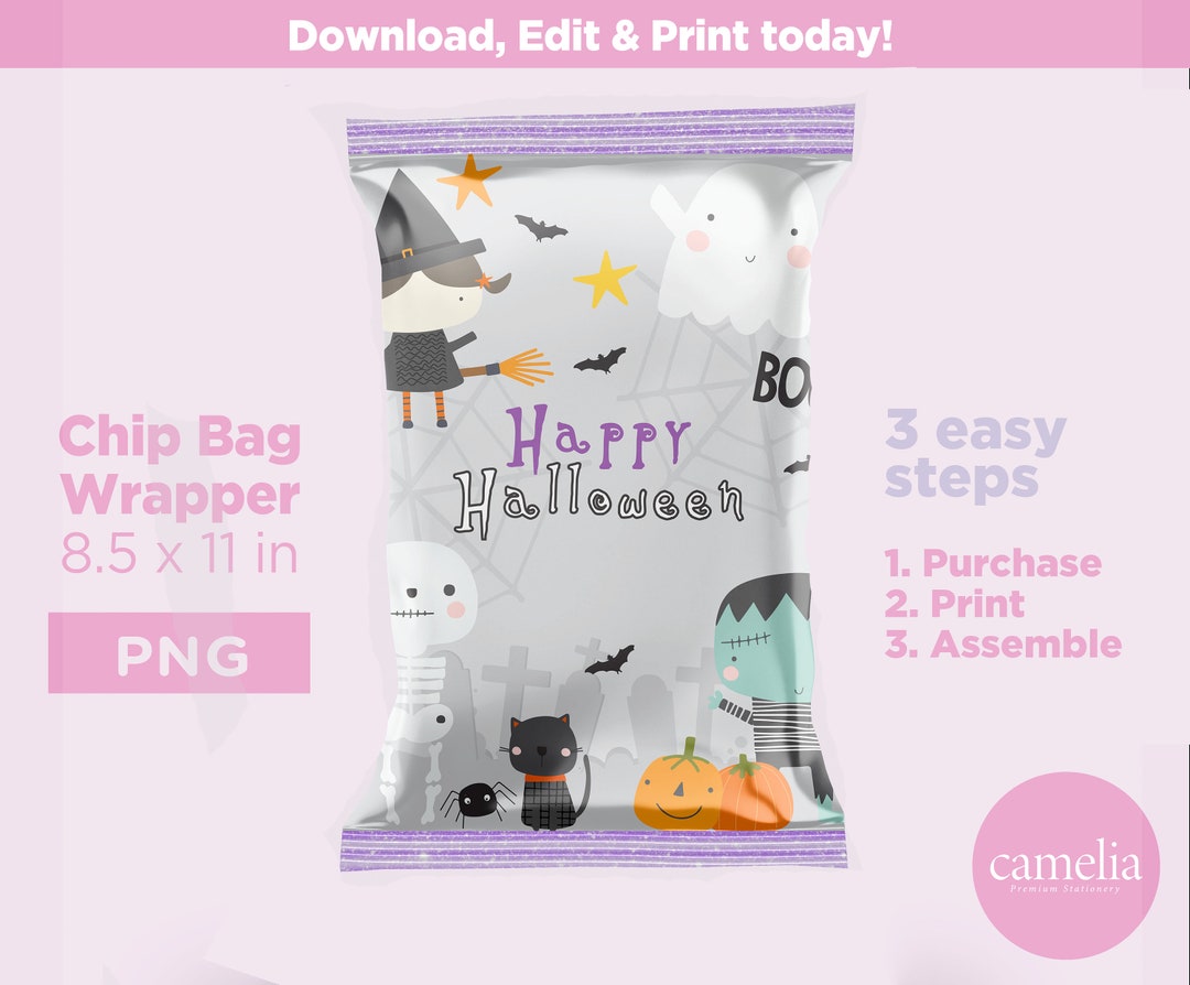 Halloween Printable Chip Bag Label Template, Pink Halloween Party ...