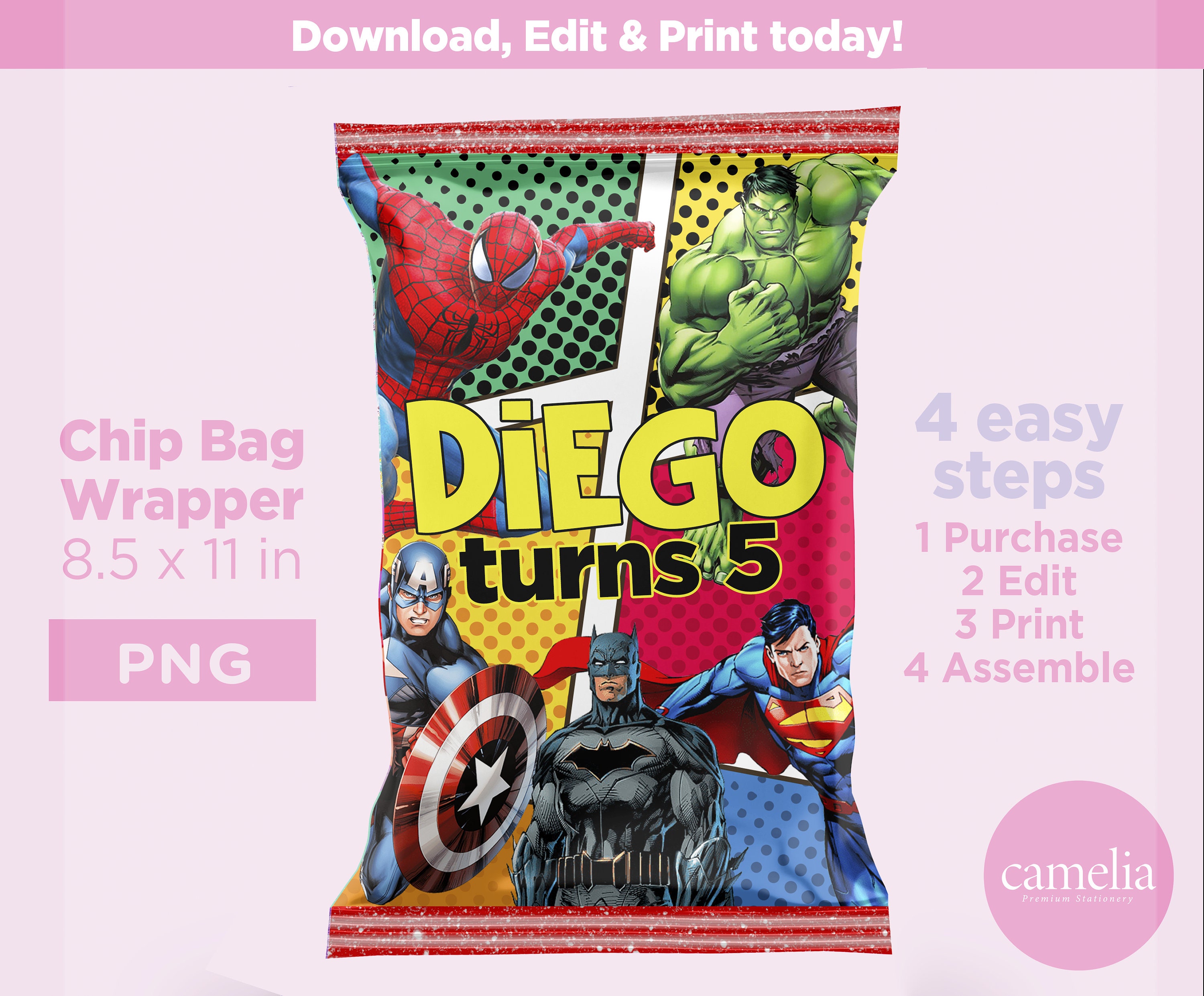 Super Heroes Chip Bag, Kids Birthday Potato Chip Bag, Printable ...