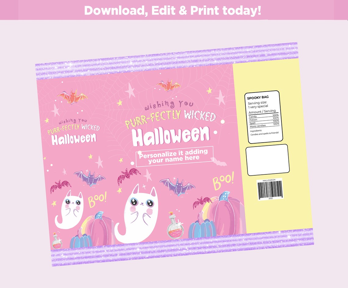 Halloween Printable Chip Bag Template, Pink Halloween Party Favors ...