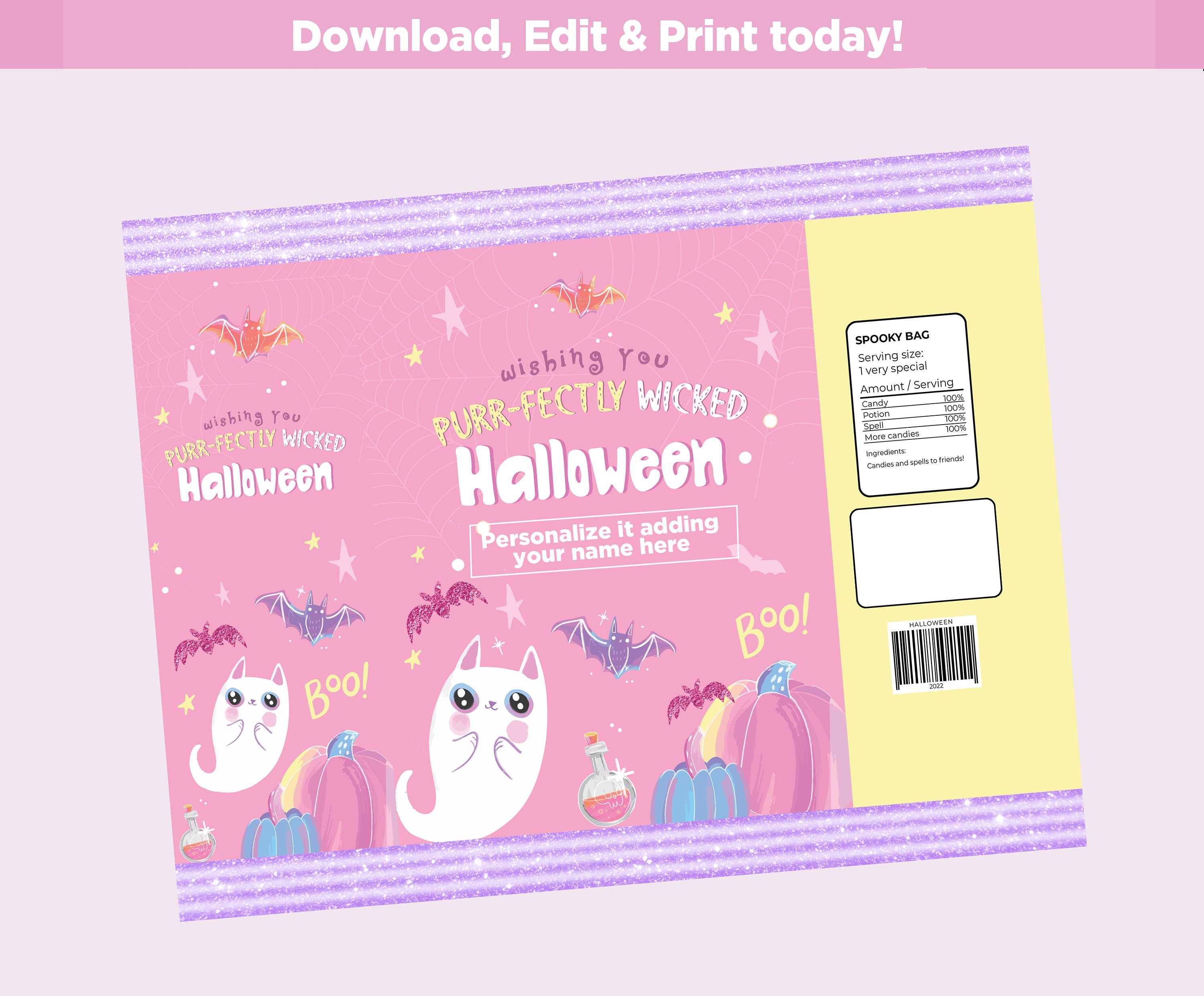 Halloween Printable Chip Bag Template, Pink Halloween Party Favors ...