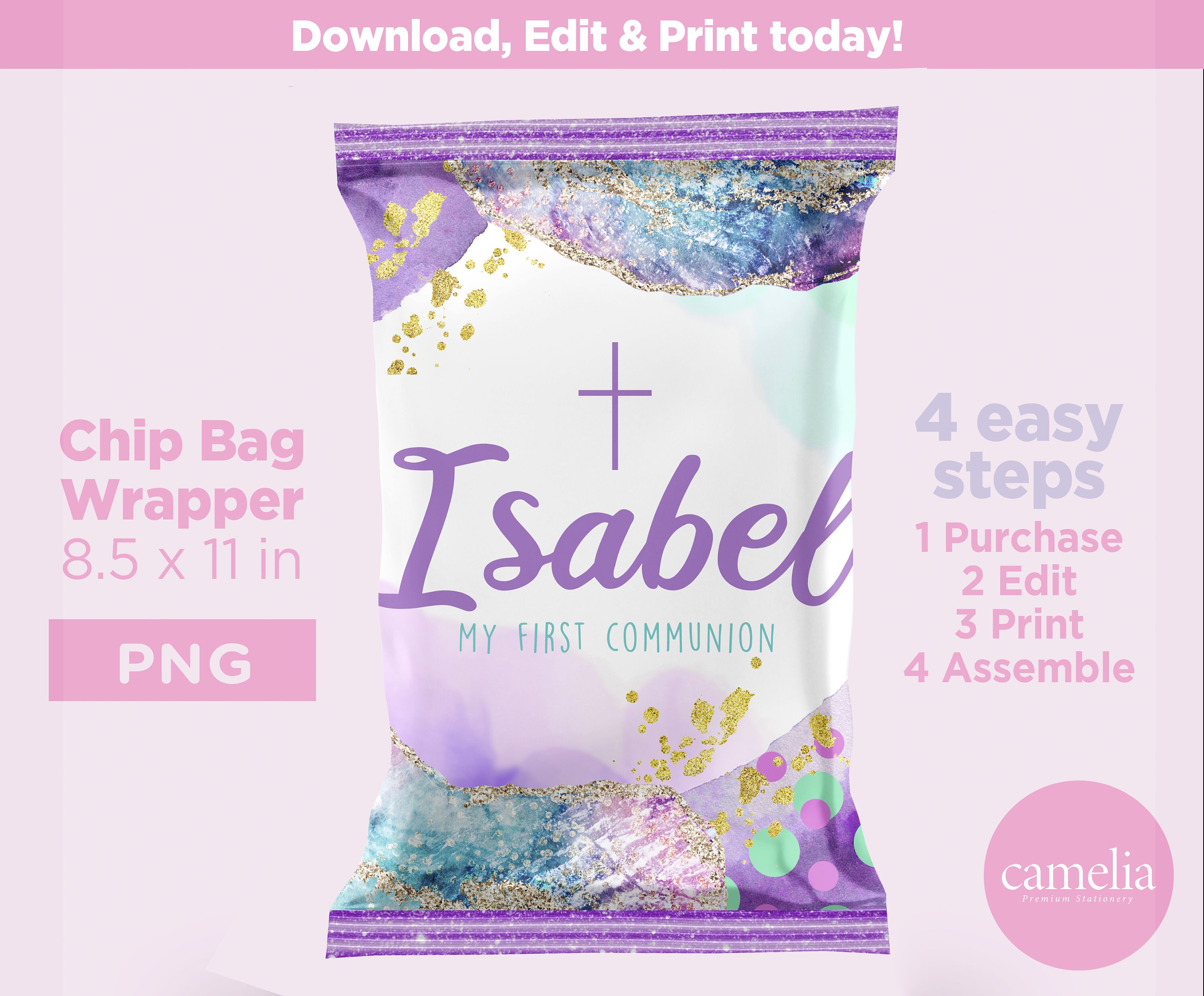 Aqua and Purple Chip Bag, First Communion Chip Bag, Birthday Party ...