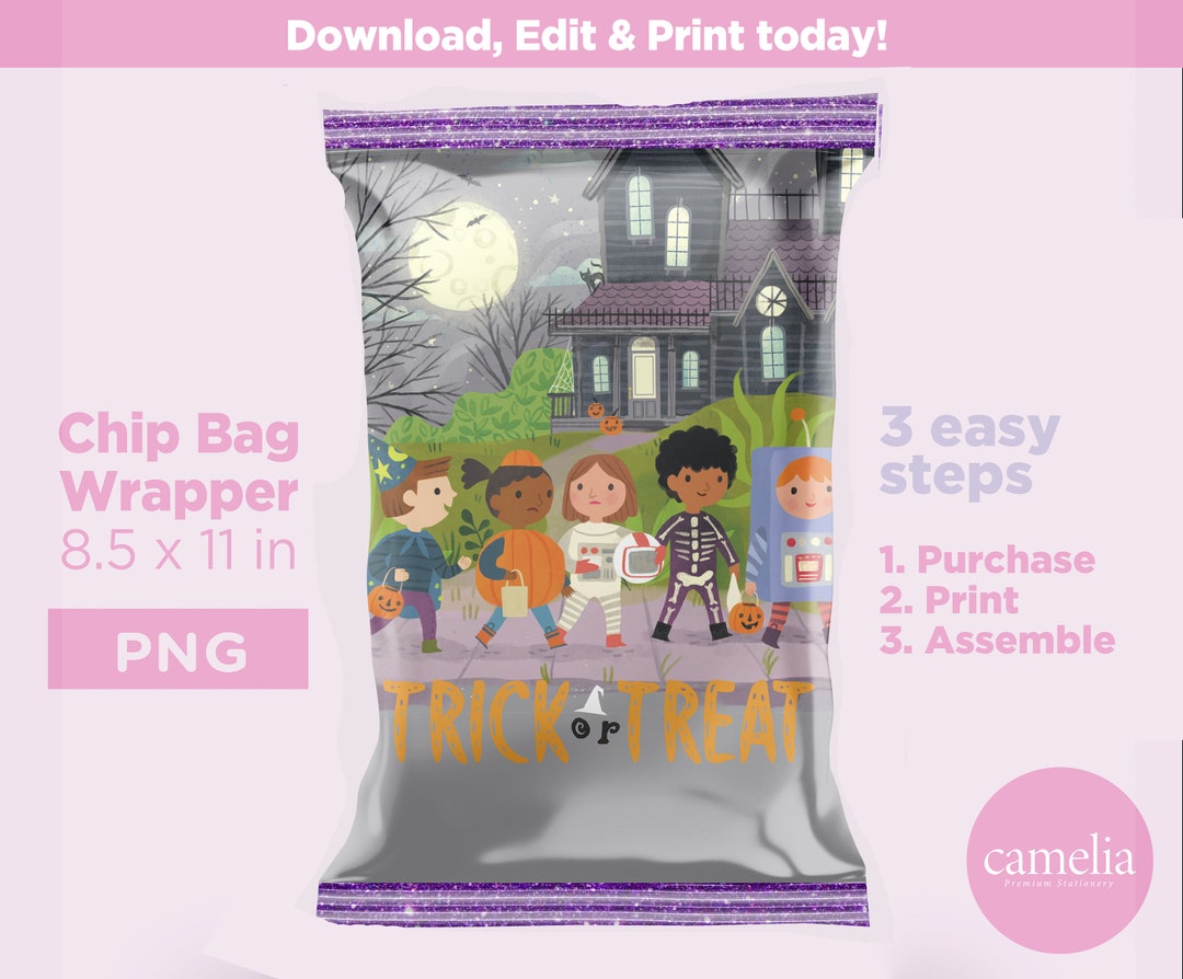 Halloween Printable Chip Bag Label Template, Pink Halloween Party ...