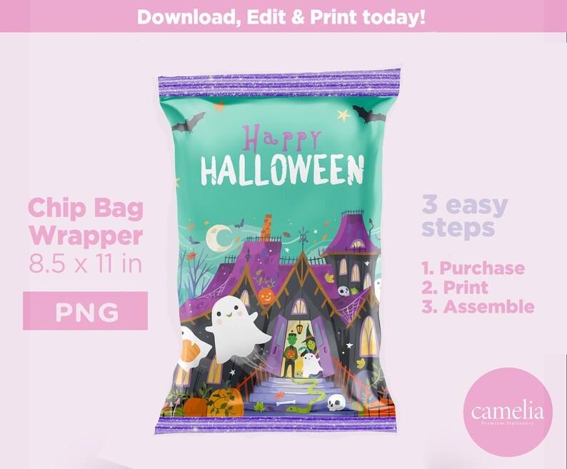 Halloween Printable Chip Bag label template, Pink Halloween Party ...