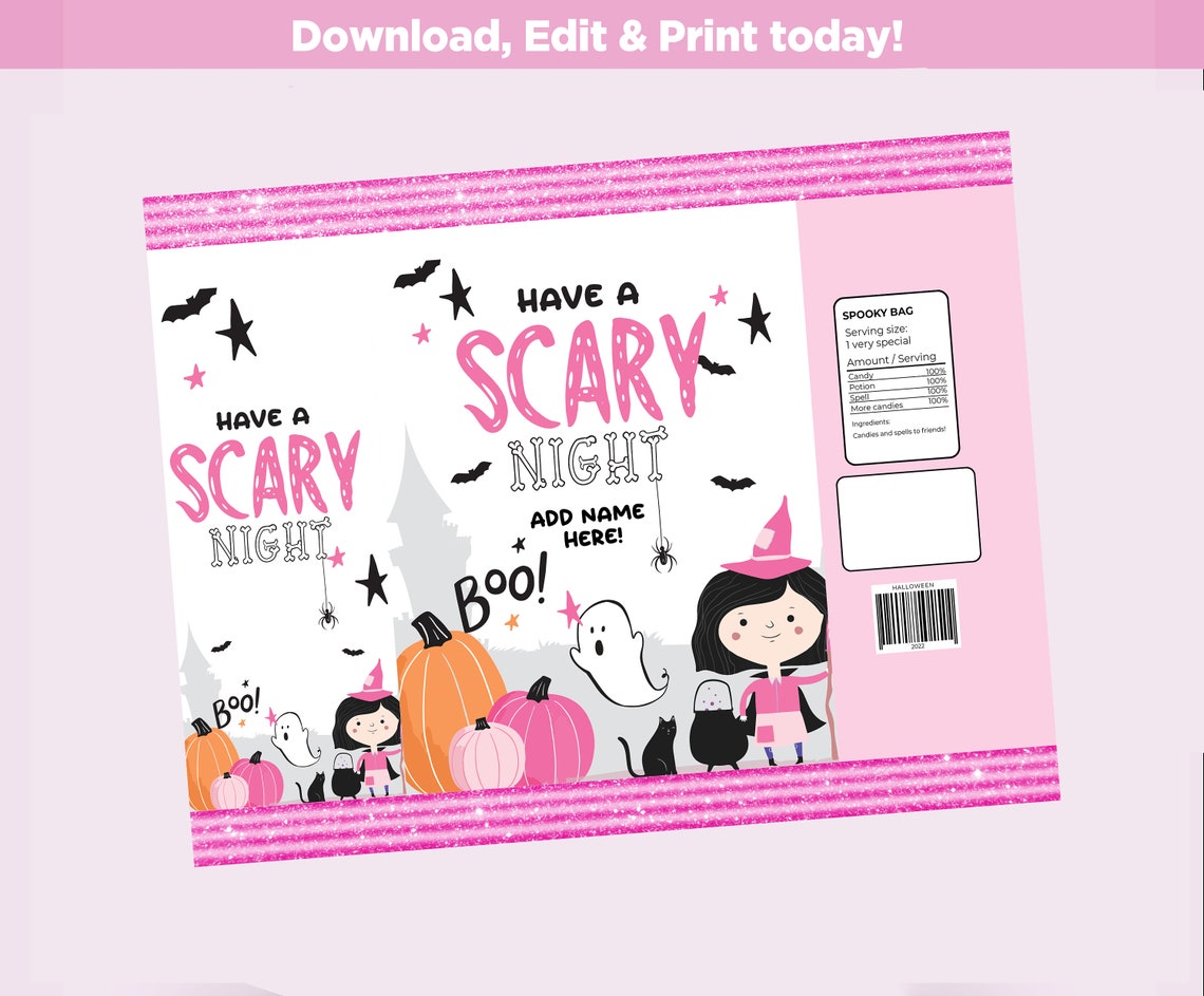 Halloween Printable Chip Bag Label Template, Pink Halloween Party ...