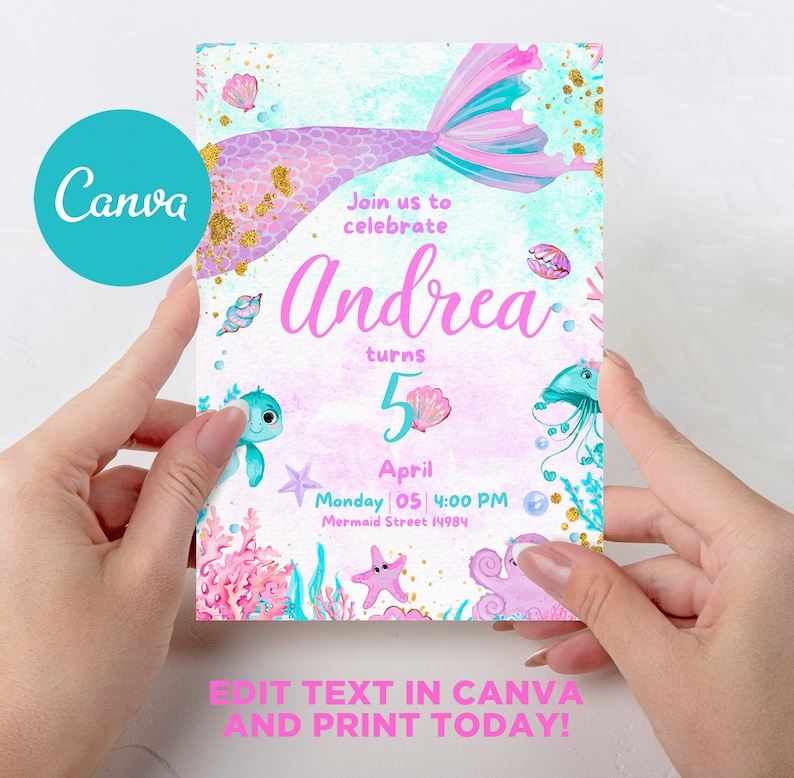 Editable Mermaid Birthday Invitation Template Little Mermaid Under the ...
