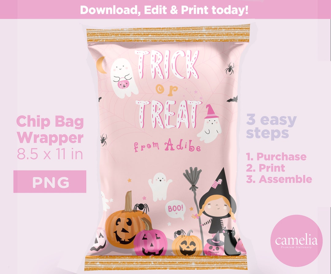 Halloween Printable Chip Bag Label Template, Pink Halloween Party ...