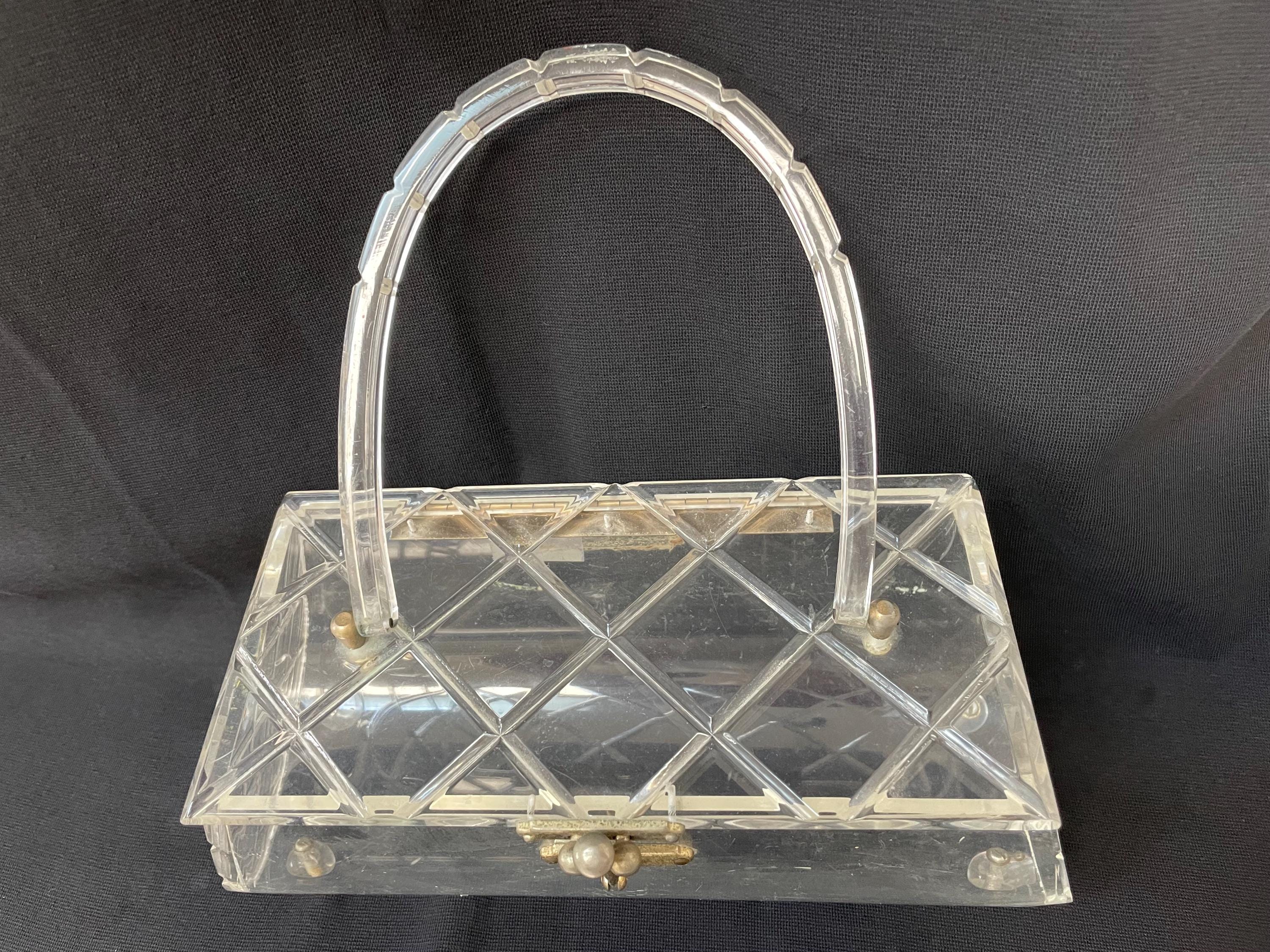 1950s Beveled Lucite Handbag | Diamond Cut Acrylic Box Bag, Miami Style ...