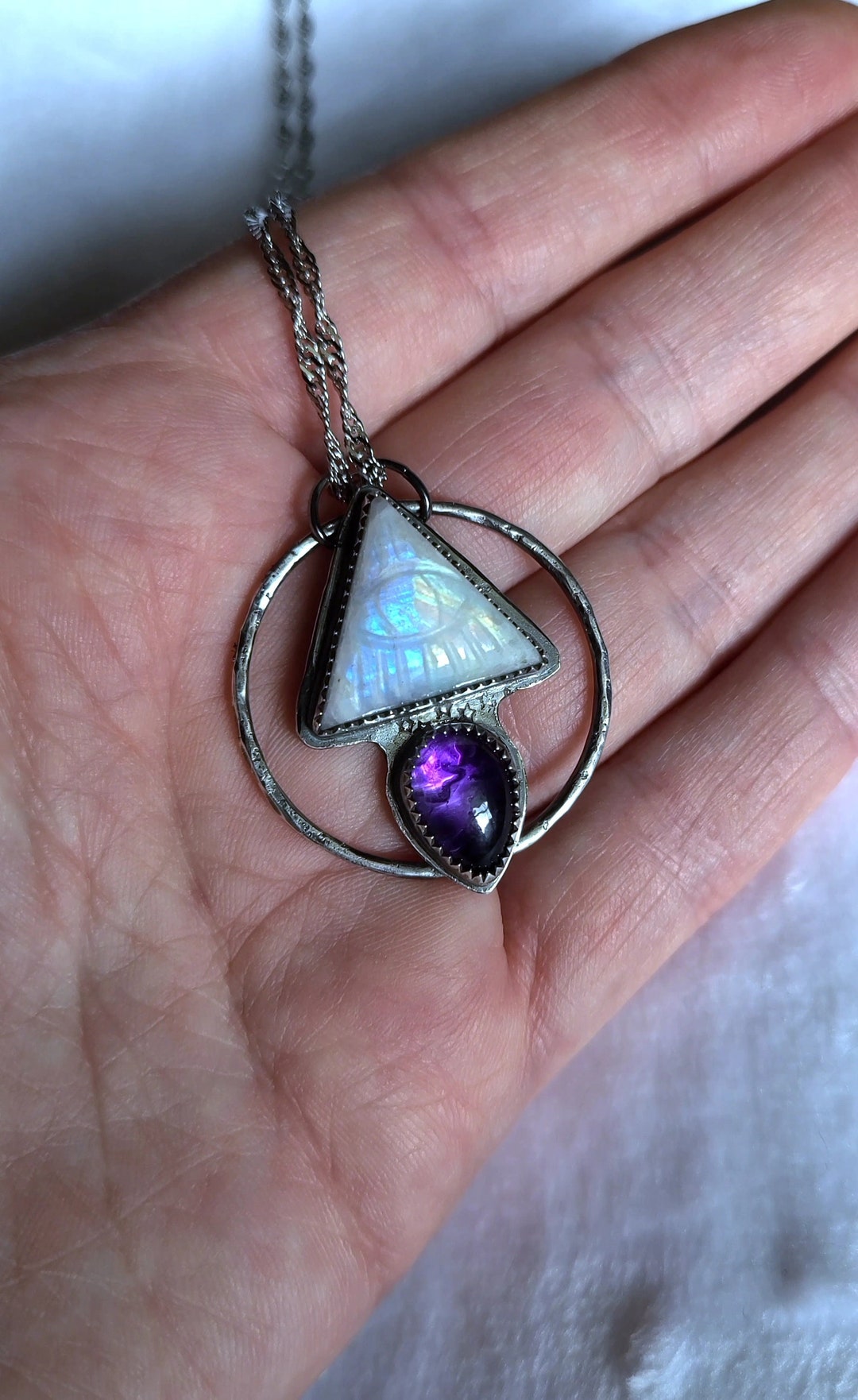 Third Eye Necklace Amethyst Rainbow Moonstone Necklace Gemstone Pendant ...
