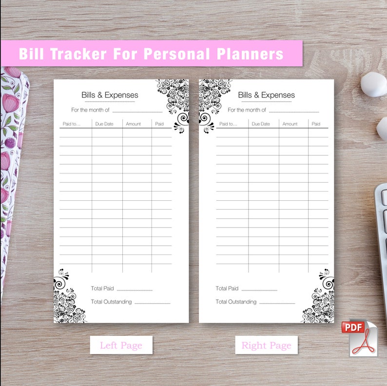 Printable Expenses Bills Tracker | Insert for Personal Planners - 95mm ...