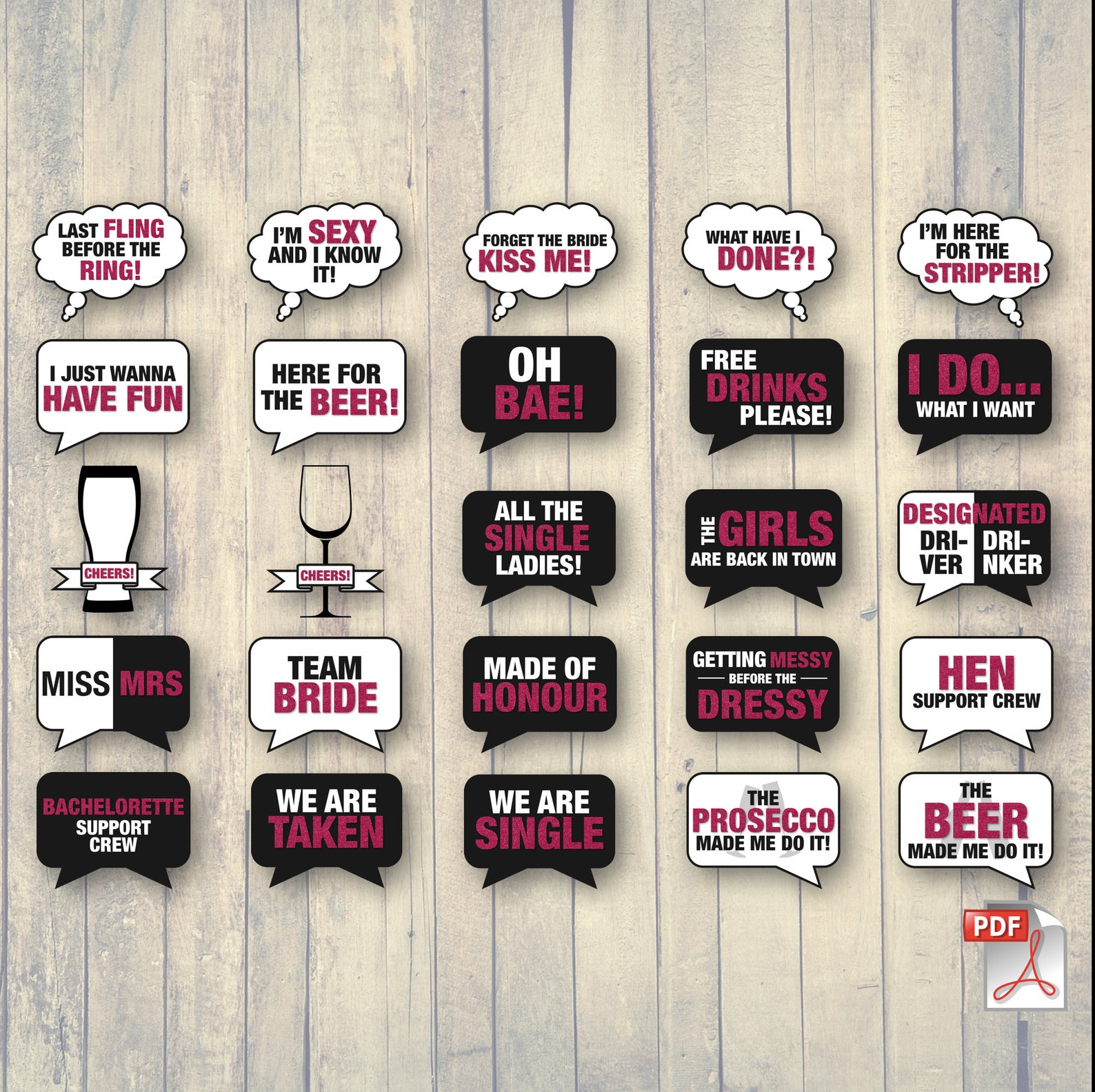 50 Fun Printable Bachelorette Party Props Hen Party Props | Funny DIY ...