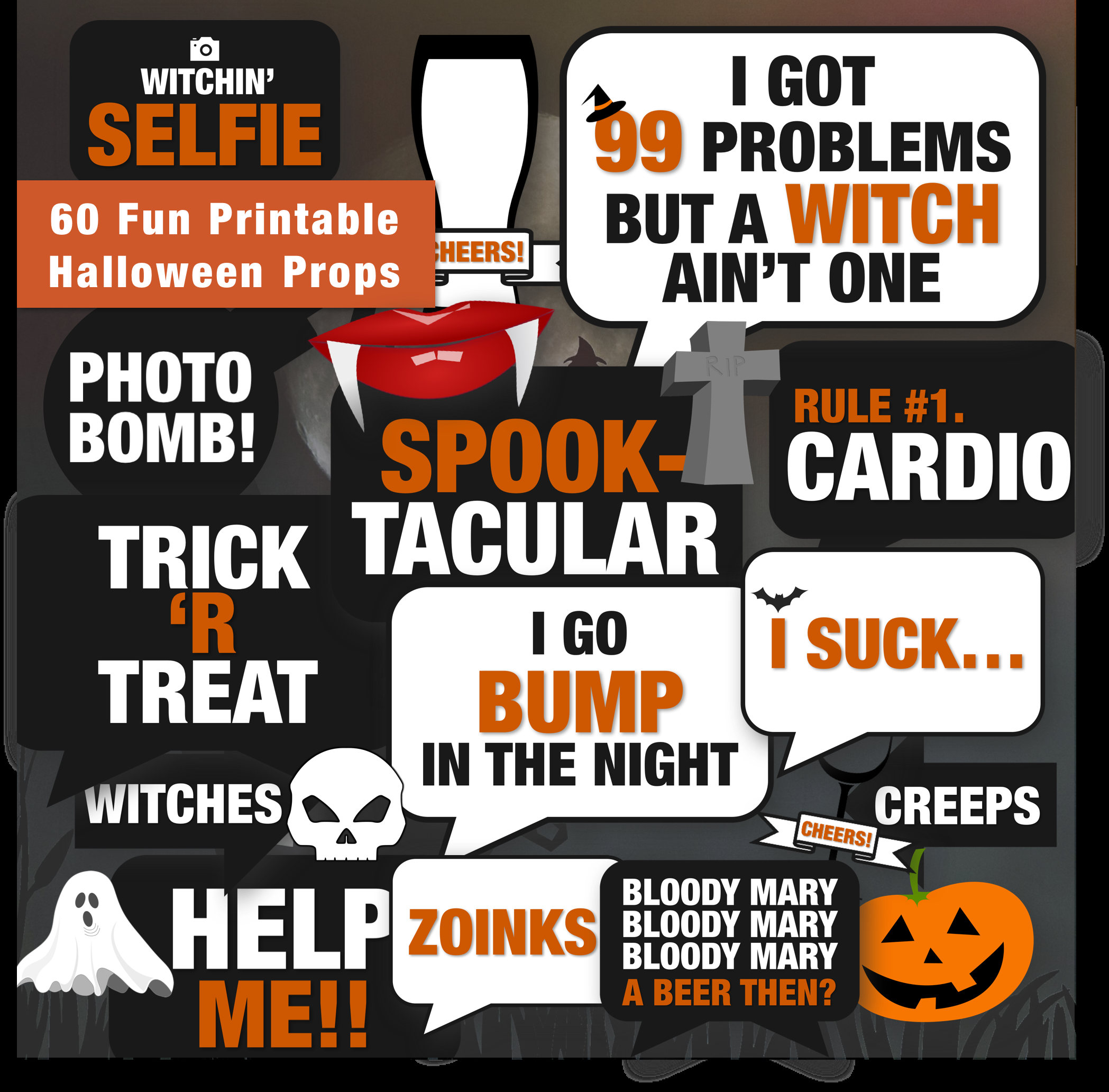 60 Fun Halloween Printable Party Props | Halloween Photobooth | DIY ...