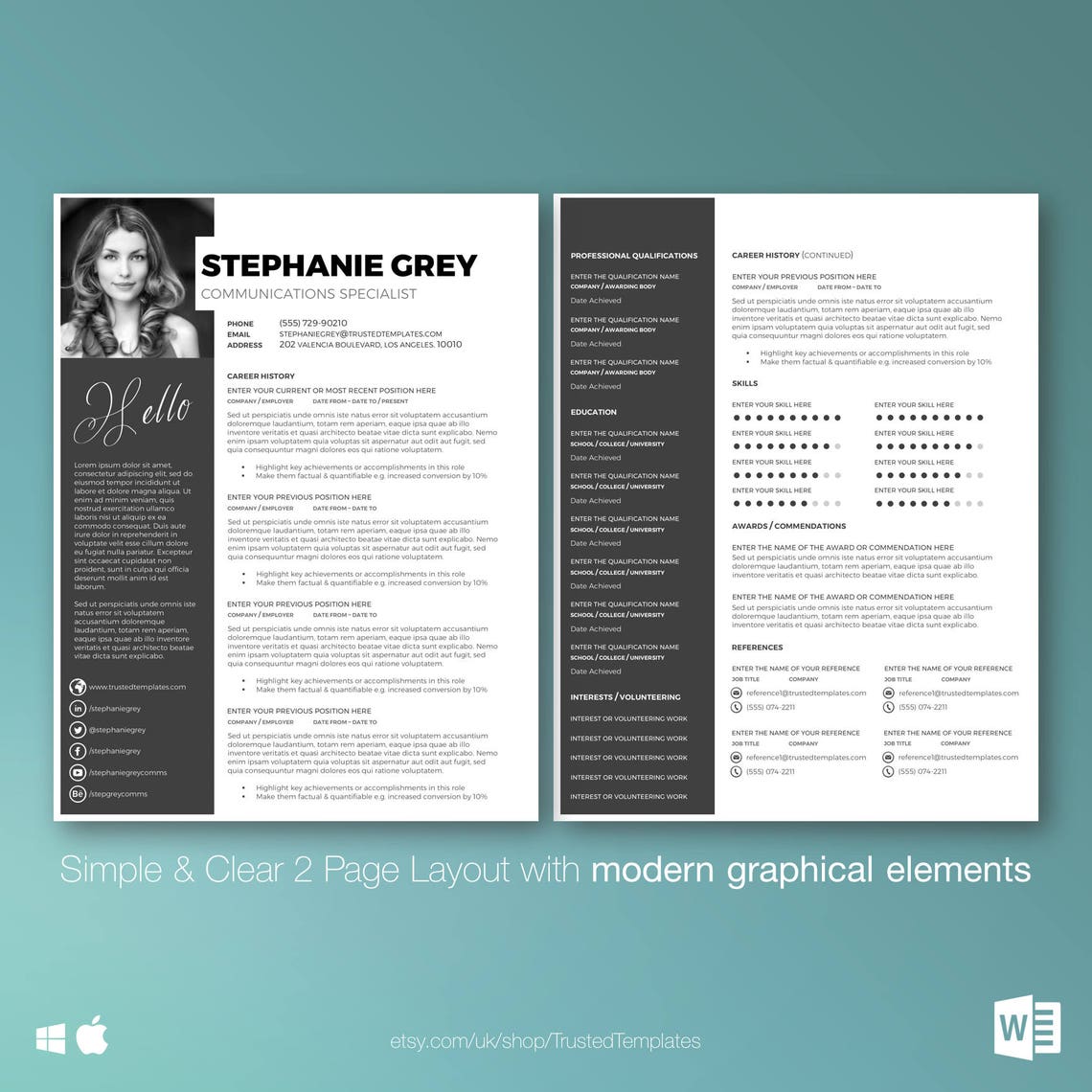 Modern Resume Template / Modern CV Template Easy to Edit | Etsy