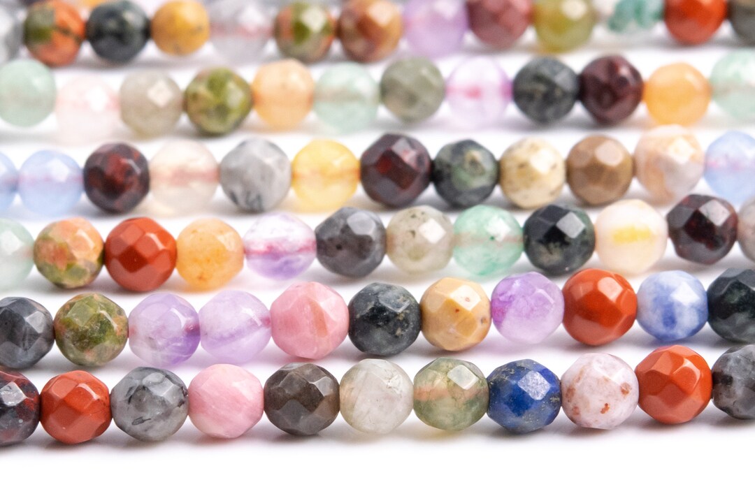 Genuine Natural Mixed Stone Gemstone Beads 4MM Multicolor Faceted Round ...