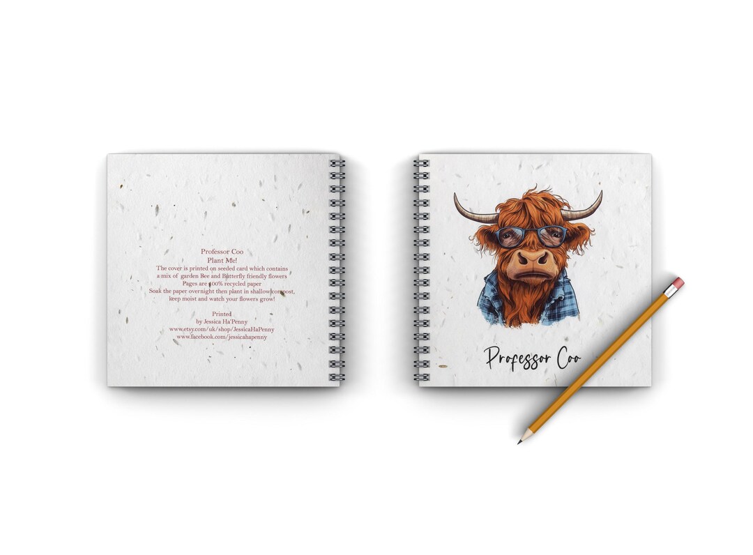 Plantable, seeded Notebook. Gorgeous Highland Coo, "Professor Coo" and ...