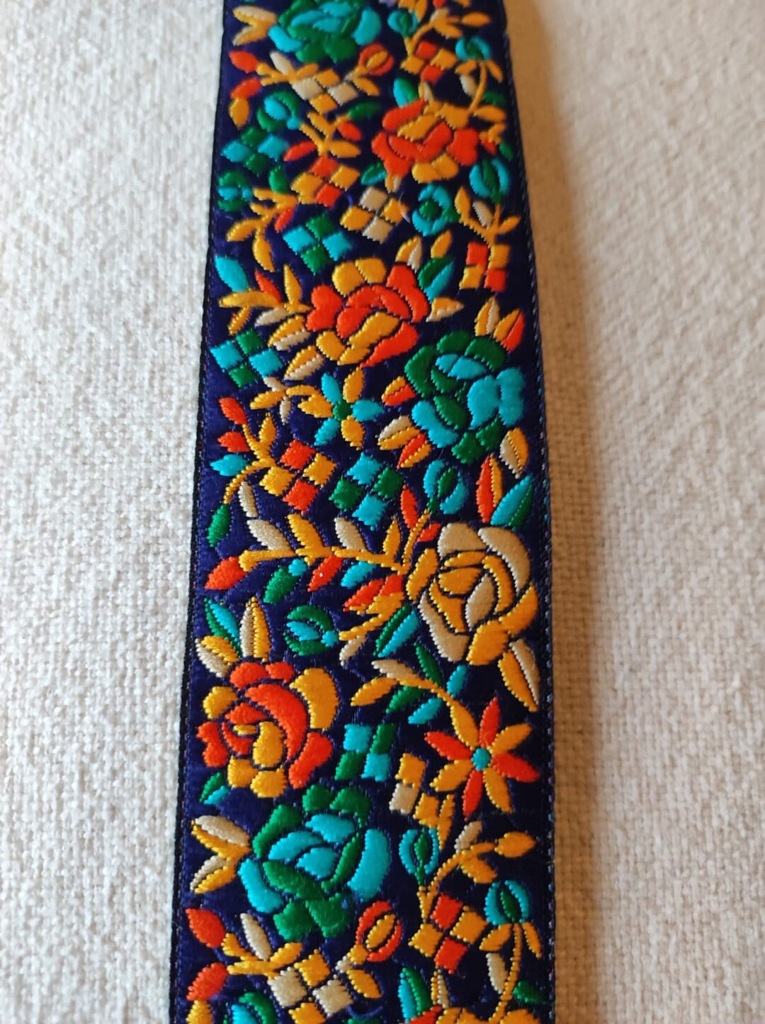 Embroidered Braid Navy Blue Background, Orange and Yellow Flowers 5 Cm ...