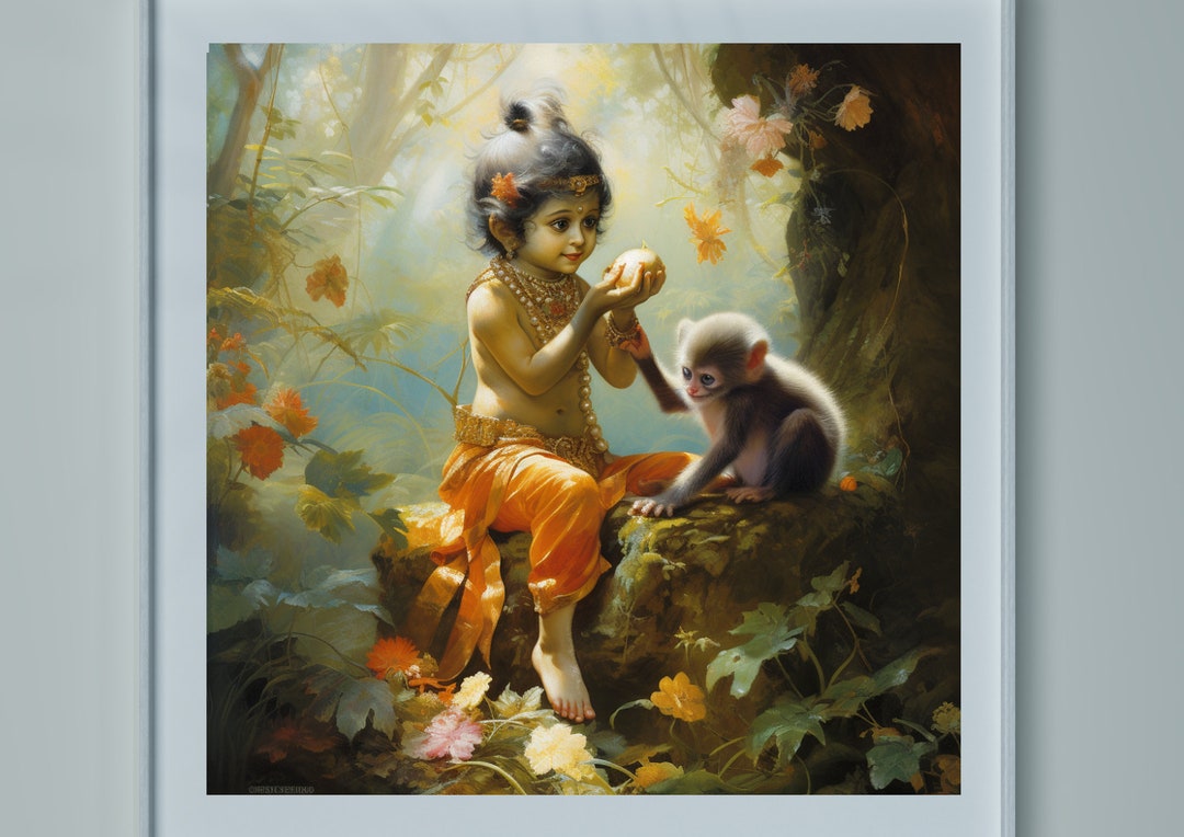 Lord Ram Young With Cute Baby Monkey Image Watercolor Krishna AI Art ...