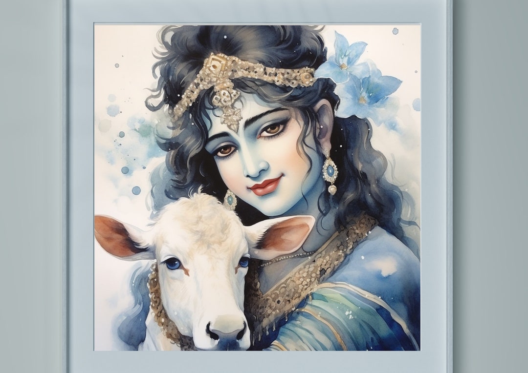 Krishna Hugging Cow Watercolor Art Print Krishna AI Art Krishna Poster ...