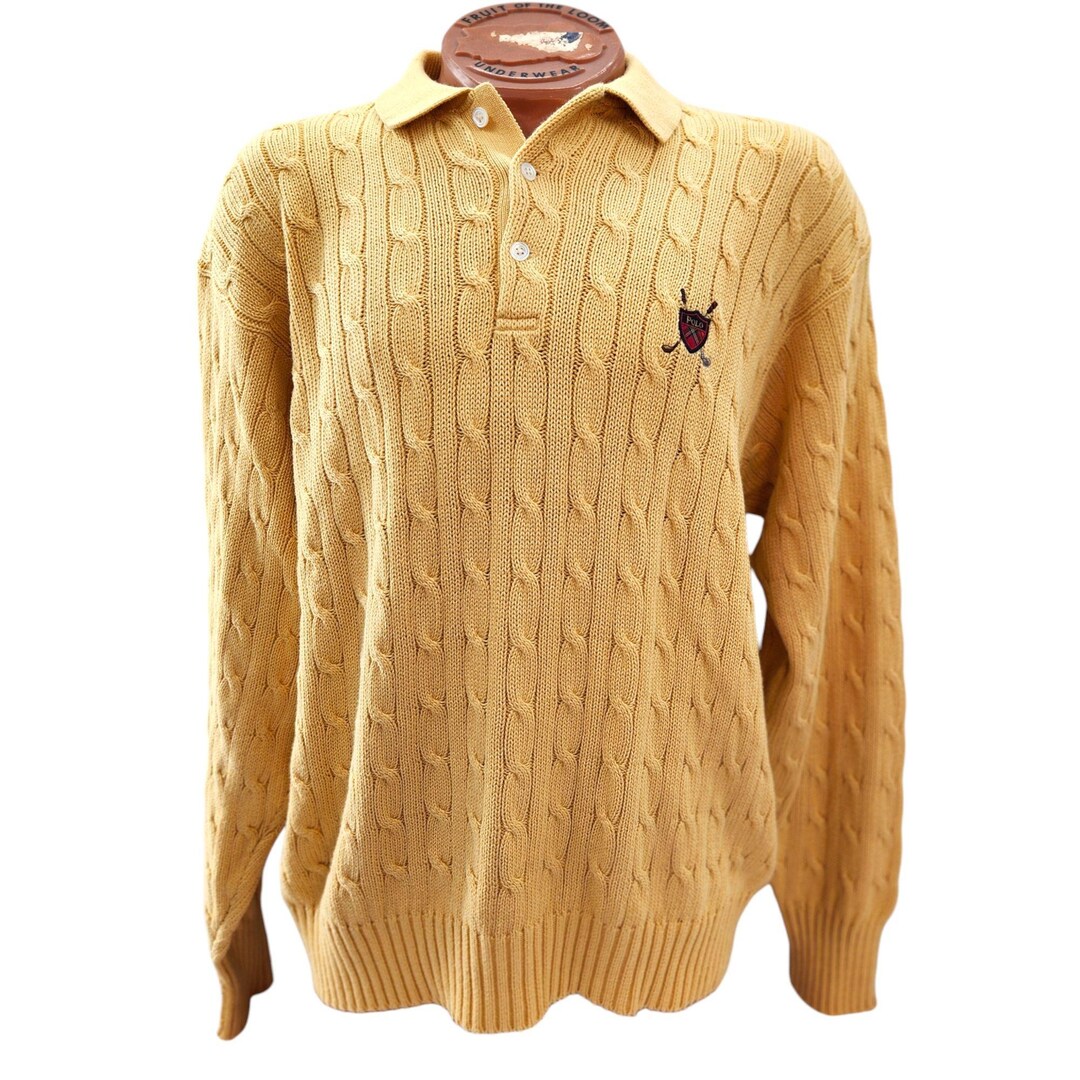 Vintage Polo Ralph Lauren Men's Yellow Pullover Cable Knit Sweater 100% ...