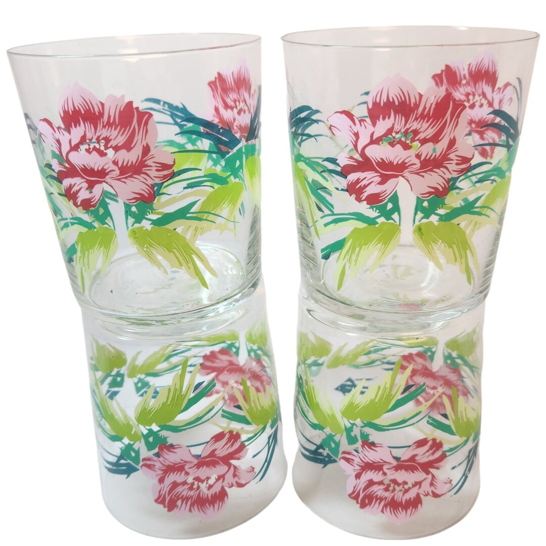 4 Pink & Green Tropical Flower Drinking Glasses Hawaiian Tiki Bar Luau ...
