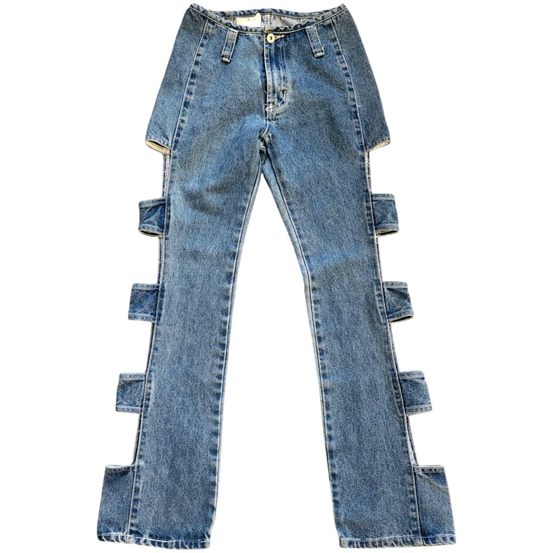 Vintage 1990s Windowpane Cut-out High Waist Jeans With Side Tabs Size ...