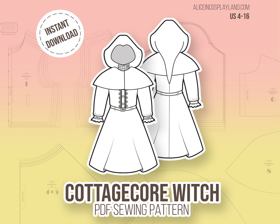 Cottagecore Witch Cosplay Pattern. Medieval Fantasy Long Sleeve Dress ...