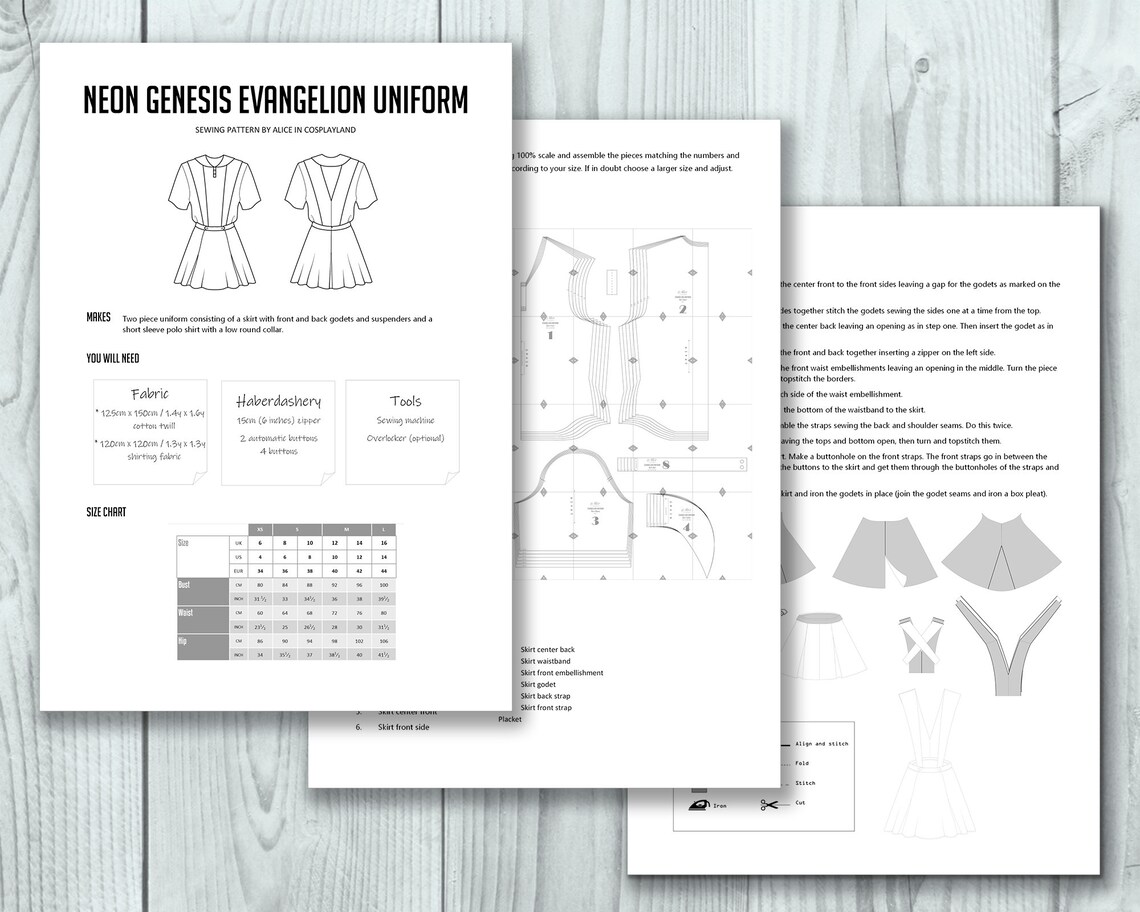 Evangelion Uniform Sewing Pattern - Short Sleeve Polo Shirt and Knee ...