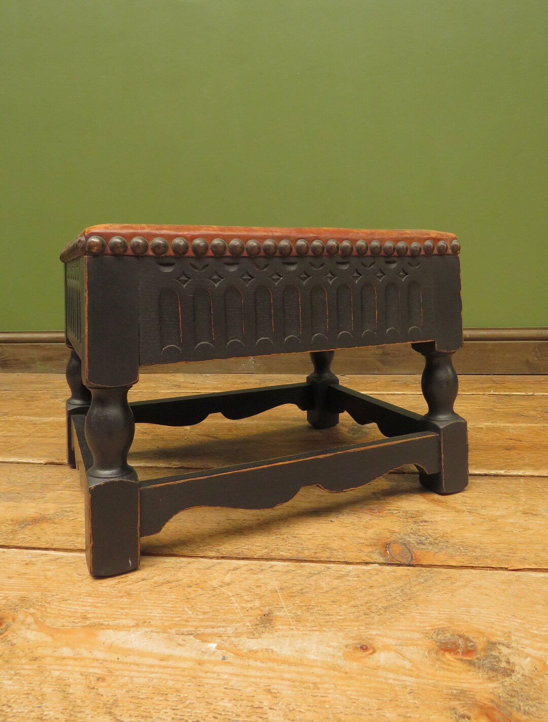Small Vintage Wooden Black Painted Foot Stool With Brown Leather Top - Etsy