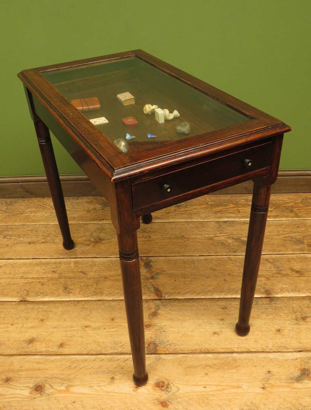 Antique Edwardian Oak Vitrine Table With Glazed Top and Long Drawer ...