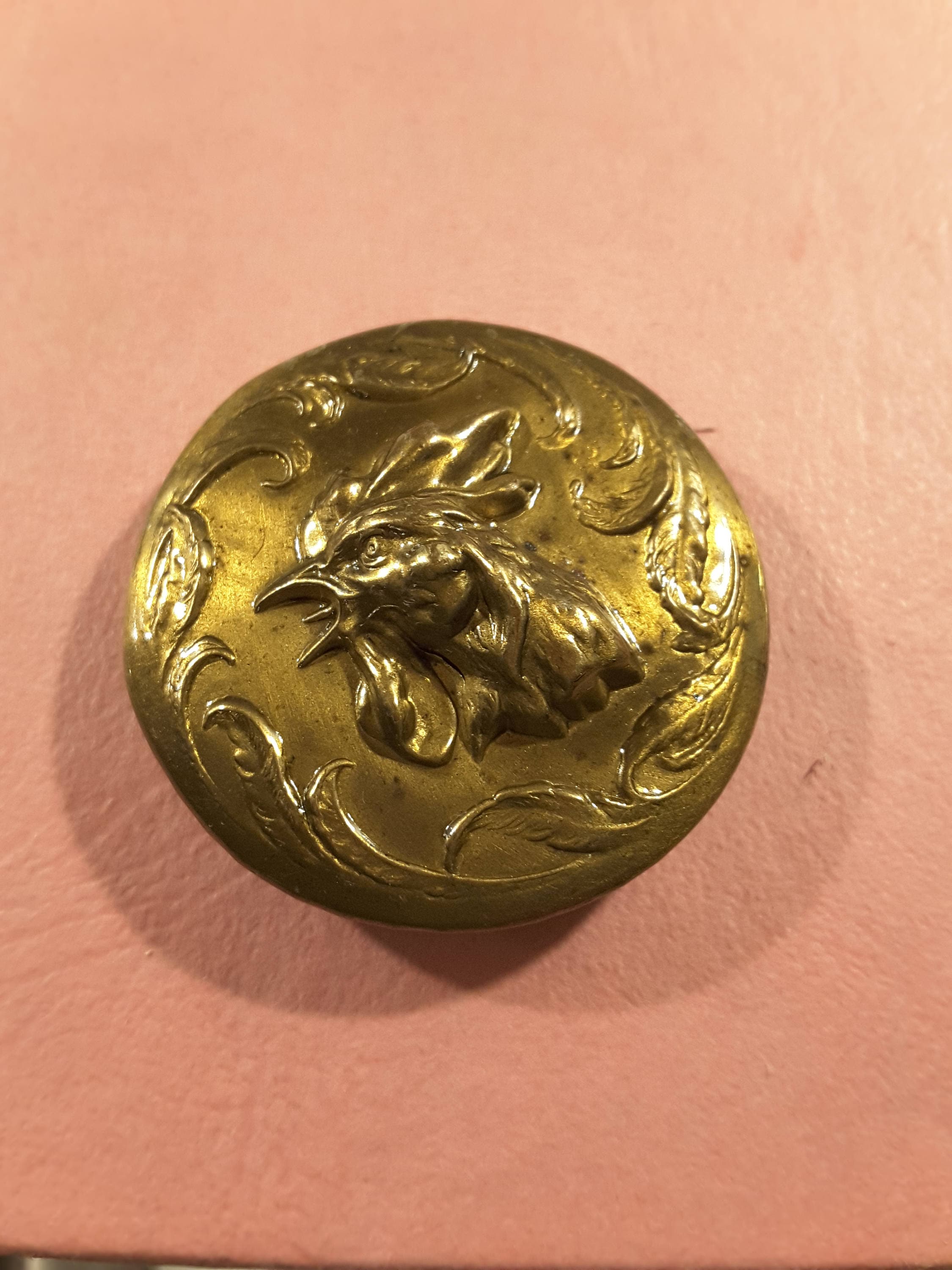 Pressed brass rooster head buton early 1940's. | Etsy