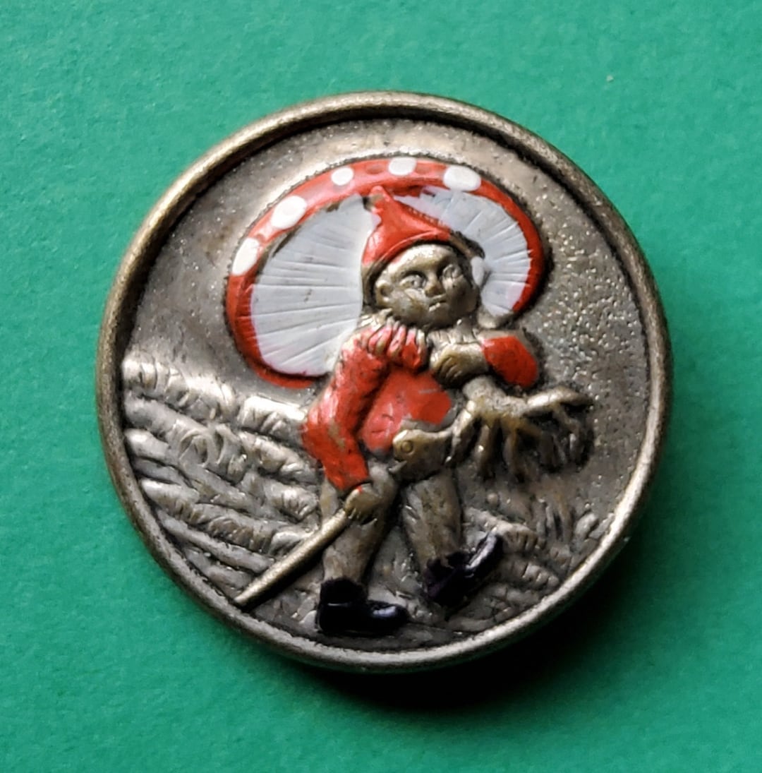 Vintage 1920's Enamel Toadstool and Gnome Button. - Etsy