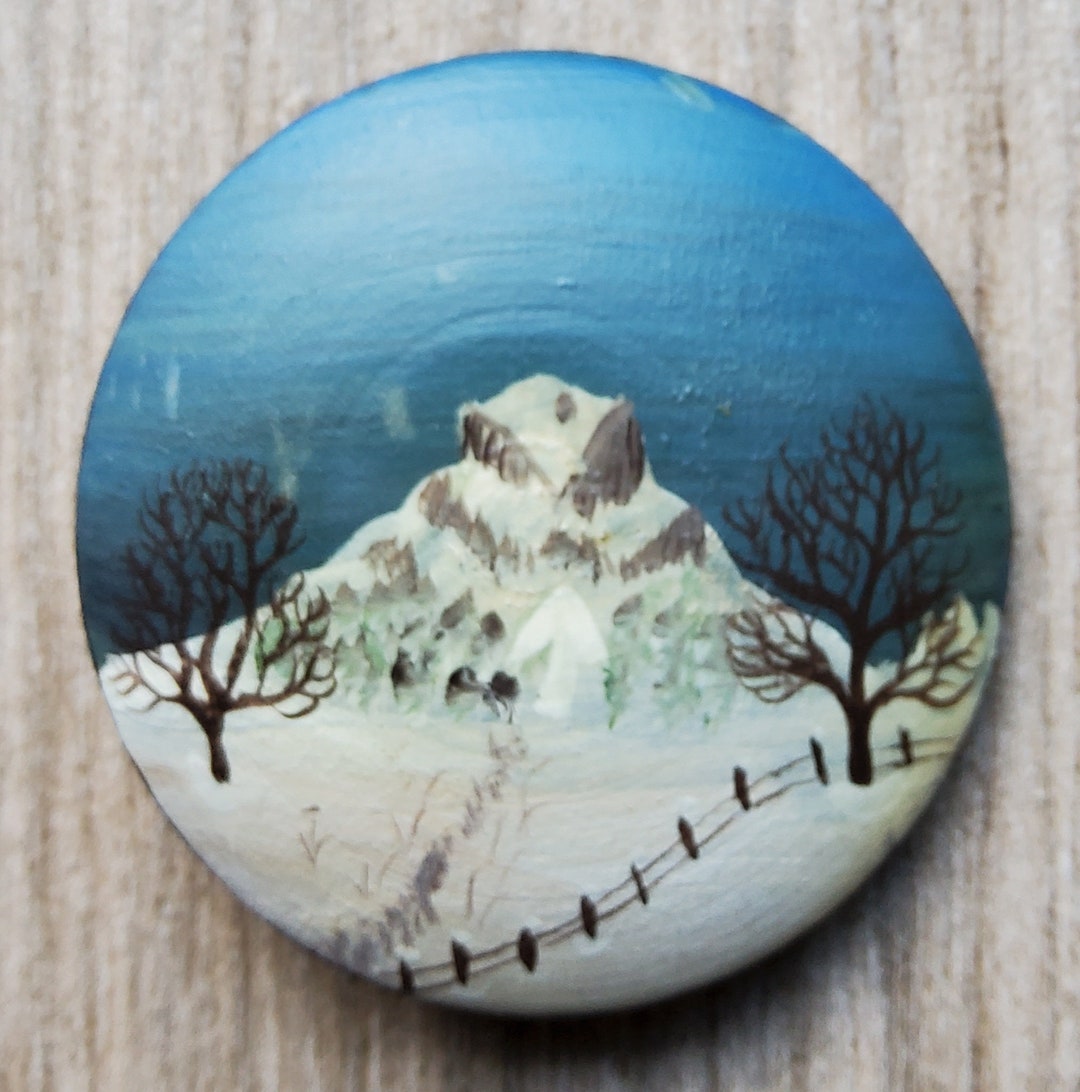 Vintage Large Hand Painted Snowy Hill Wooden Button. - Etsy