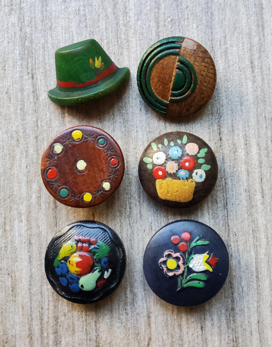 Vintage Collection of Six 1930's Hand Painted Wooden Buttons. - Etsy