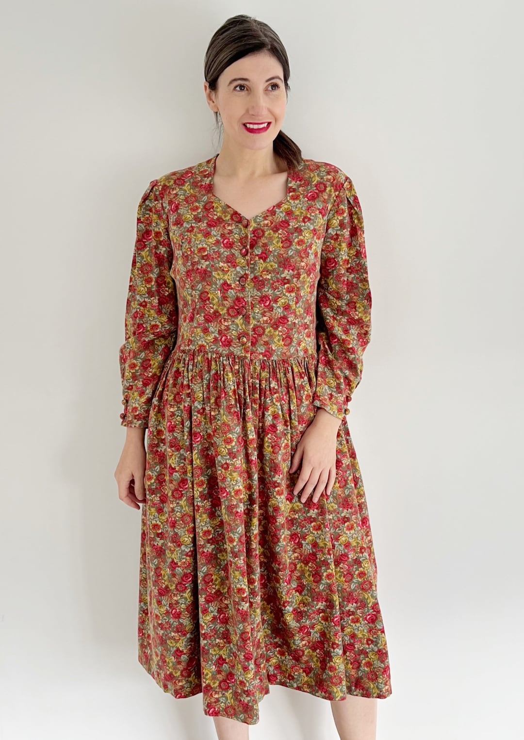 Vintage 90er Jahre Laura Ashley Rosen Print Midi Kleid | Herbst ...