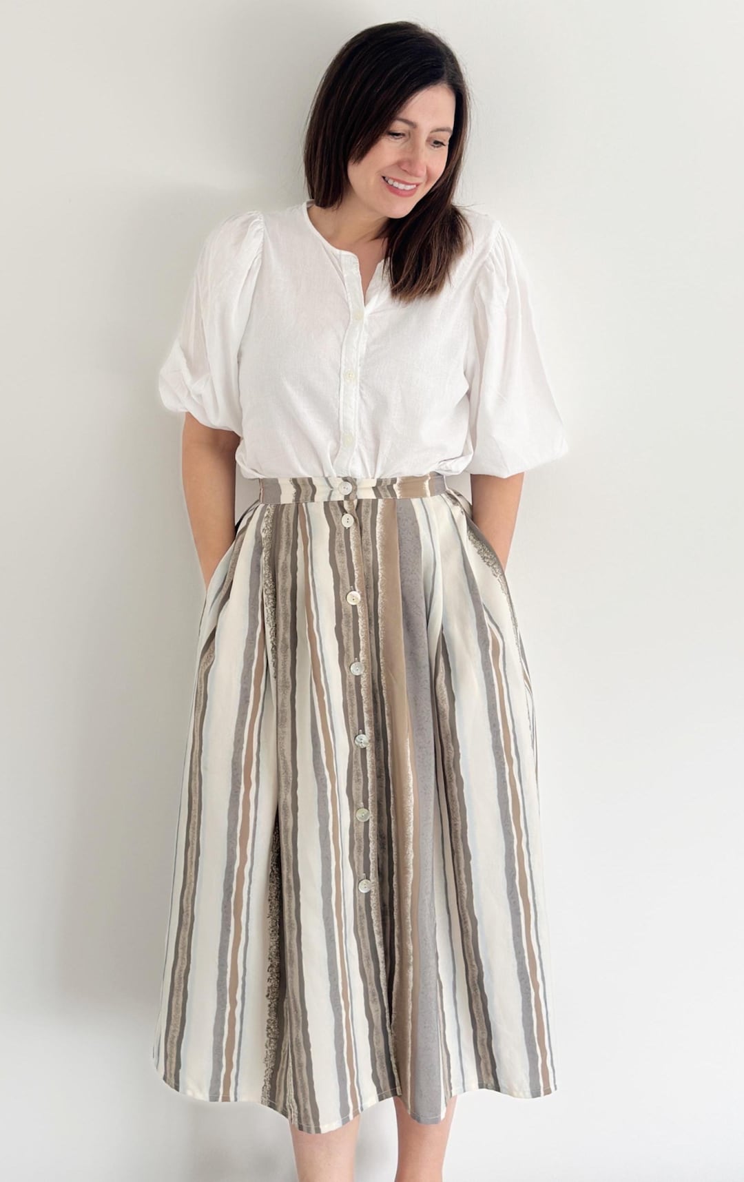 Vintage 1990s A-line Midi Skirt | Earth Tones Skirt With Pearl Buttons ...