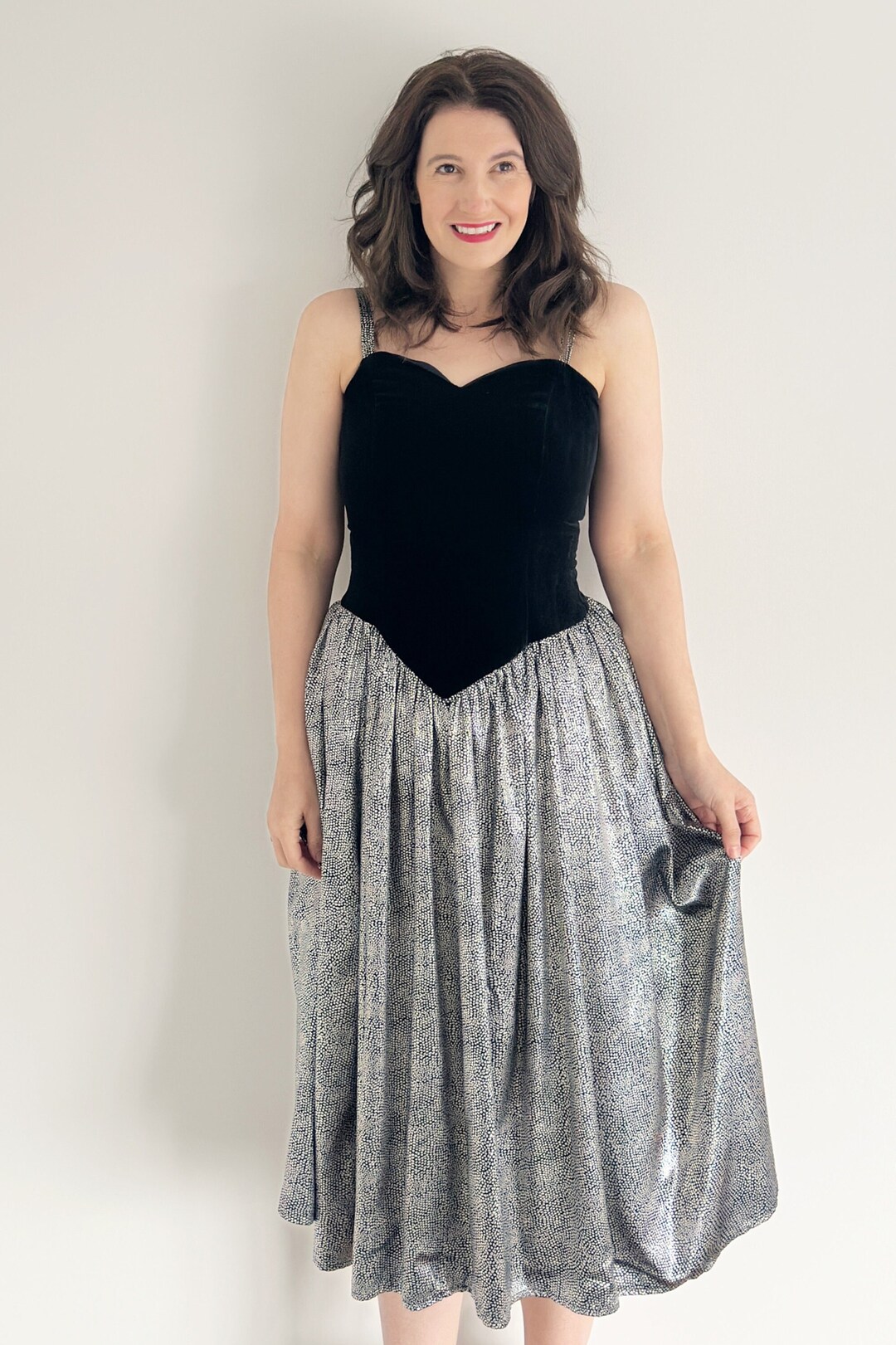 Vintage Marion Donaldson Black Velvet & Silver Metallic Evening Dress ...