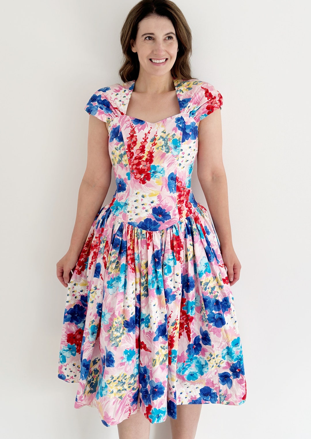 Bright Floral Summer Dress UK 8 80s Bright Floral Cotton Dress Vintage ...
