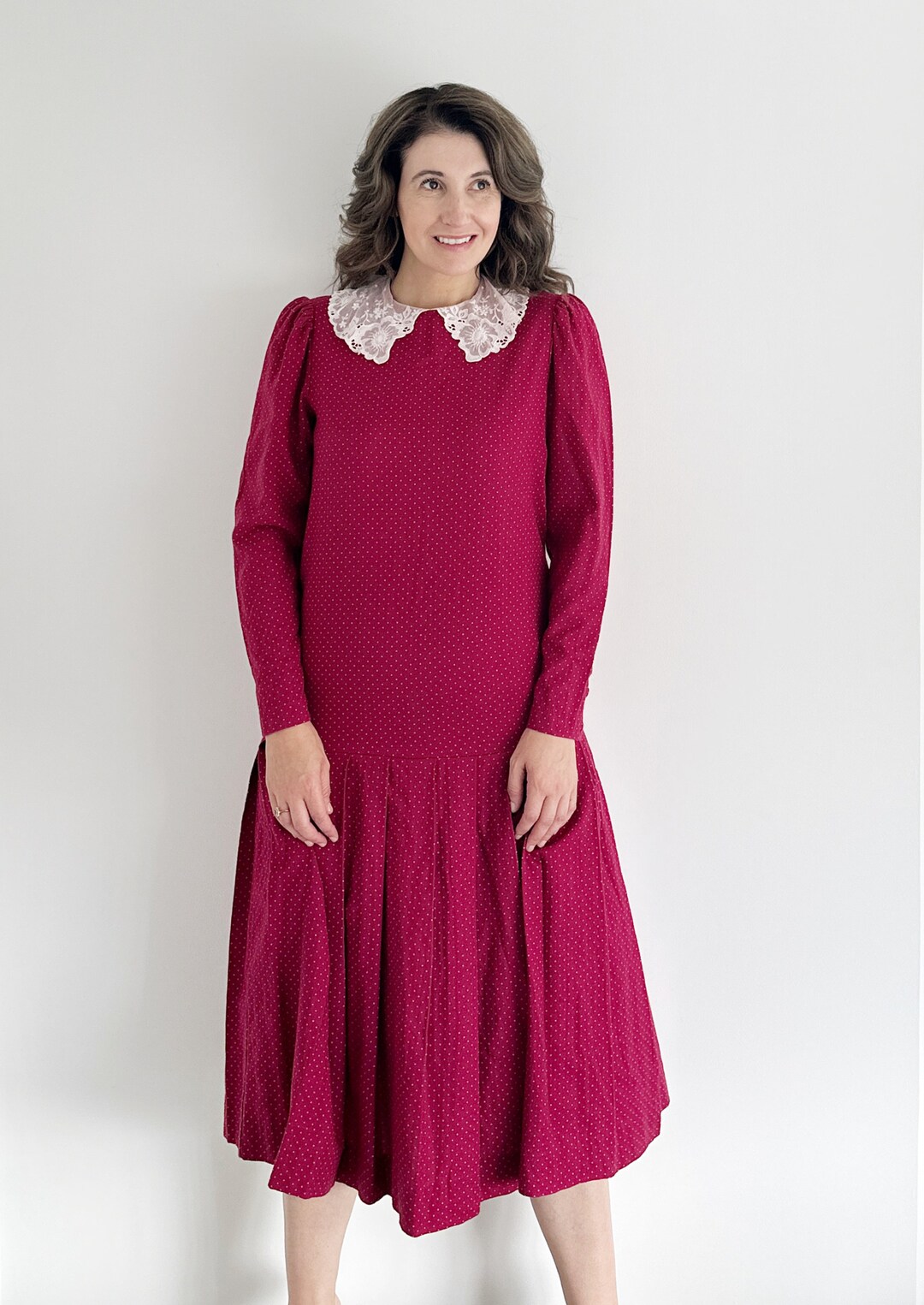 Vintage Laura Ashley Cerise Midi Dress | Wool Cotton Lace Collar Dress ...