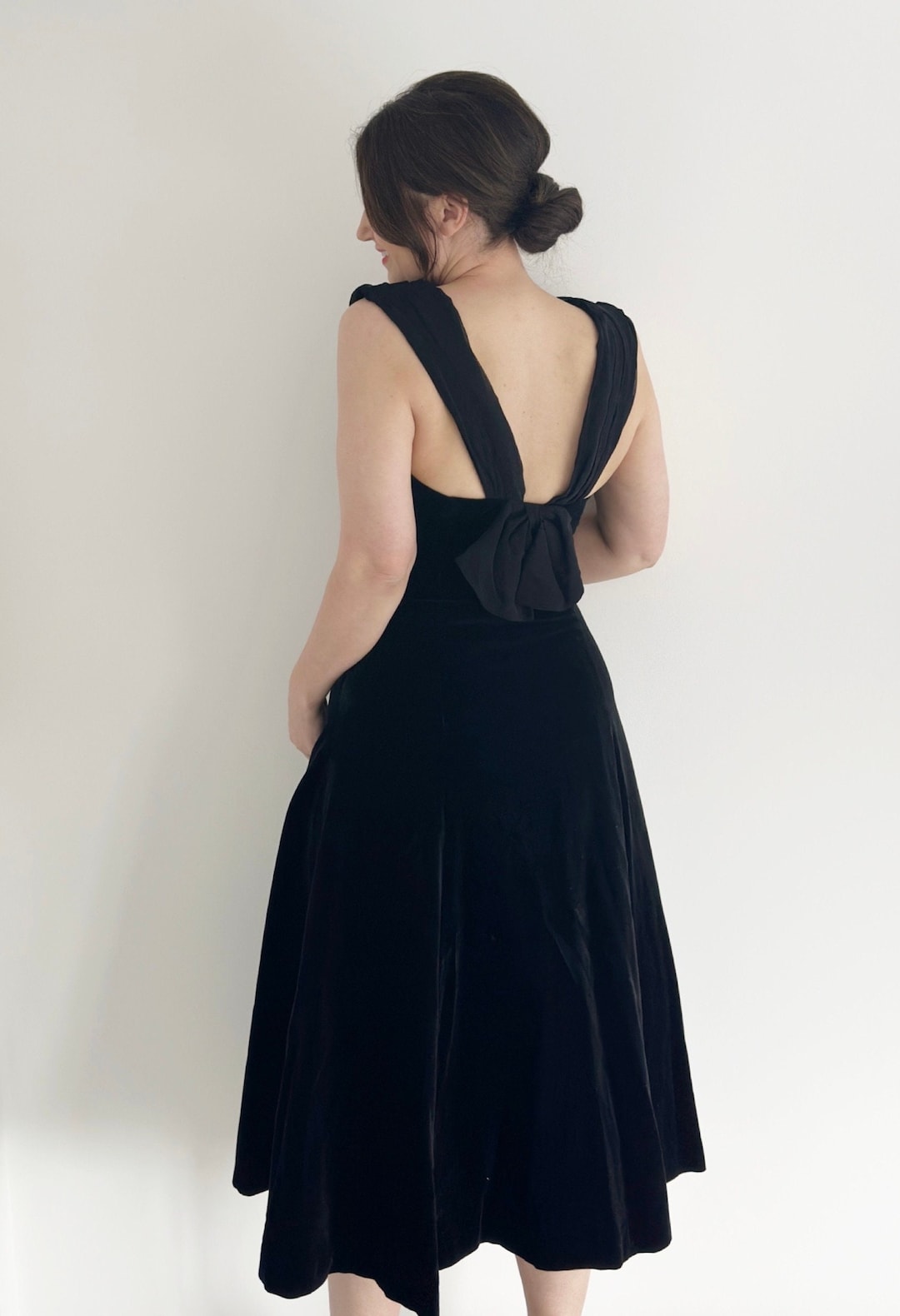Vintage Laura Ashley Black Velvet Bow Back Midi Dress | Ruched Neckline ...
