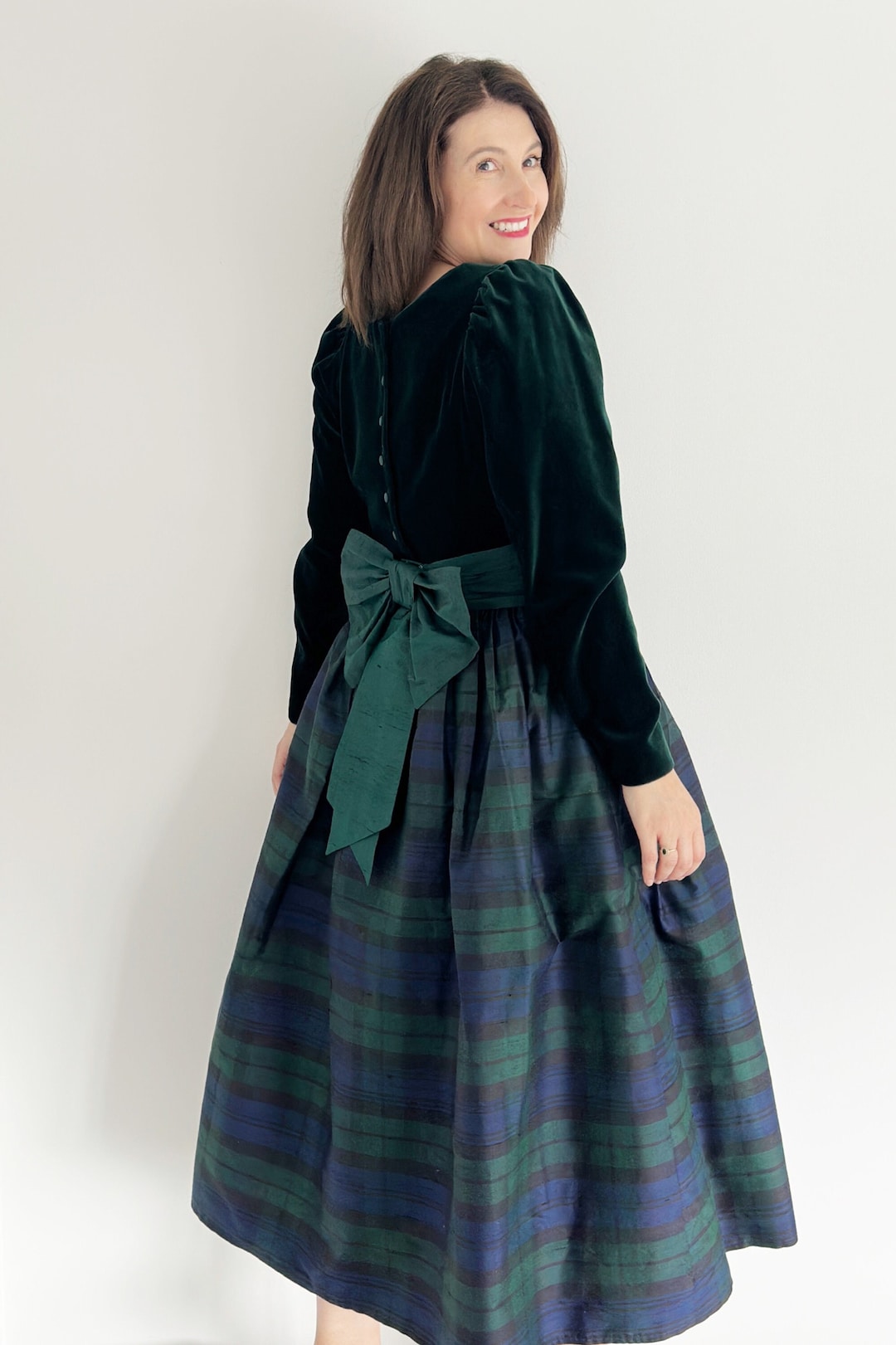 Vintage 80s Marion Donaldson Green Silk Tartan Christmas Dress | Velvet ...