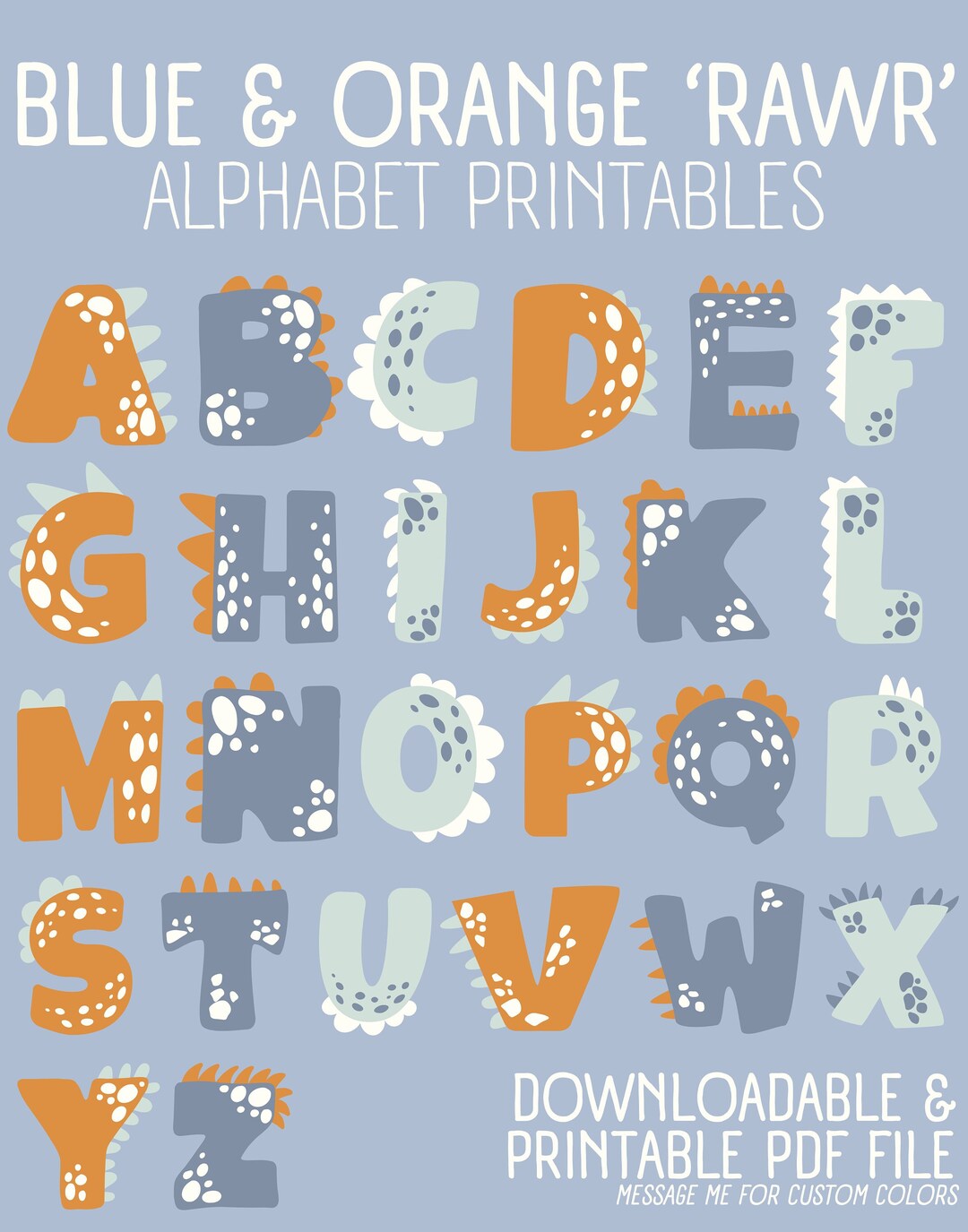 Dinosaur-themed Alphabet Print Set Digital Download 26 Blue & Orange ...
