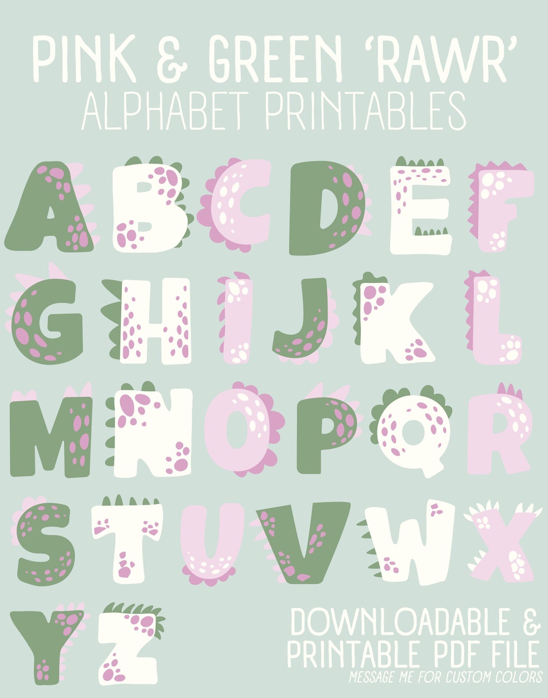 Dinosaur-themed Alphabet Print Set Digital Download 26 Pink & Green ...