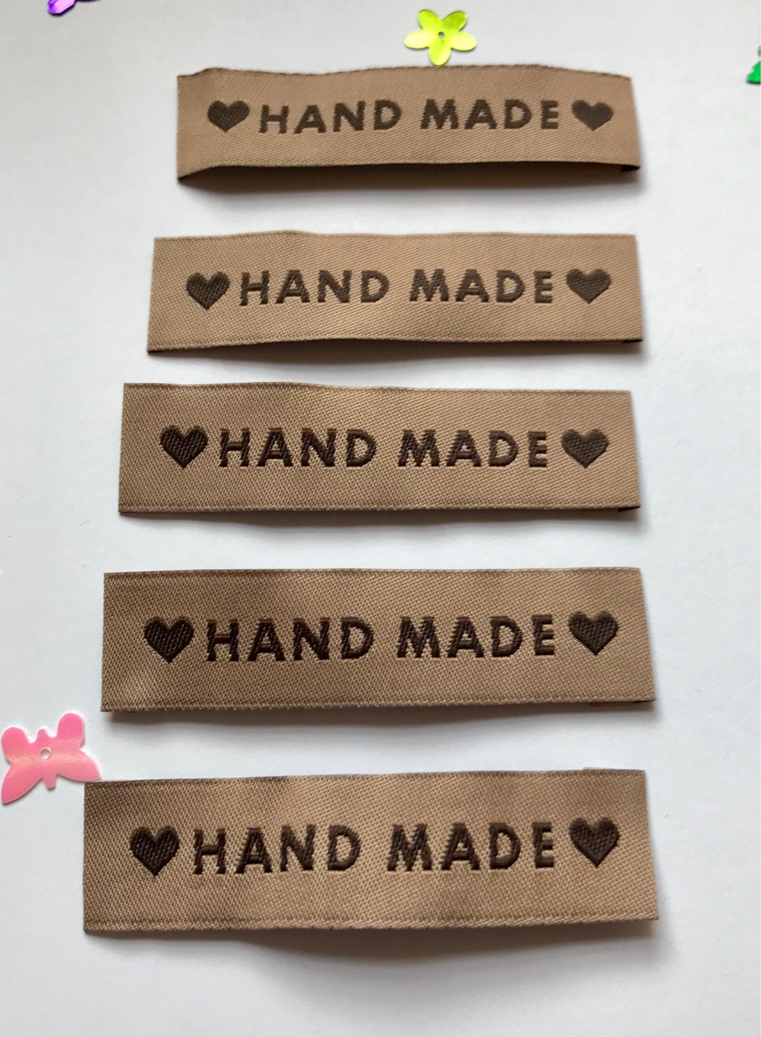 Handmade Coffee Coloured Woven Labels Tags Multi Packs Hearts Terylene ...