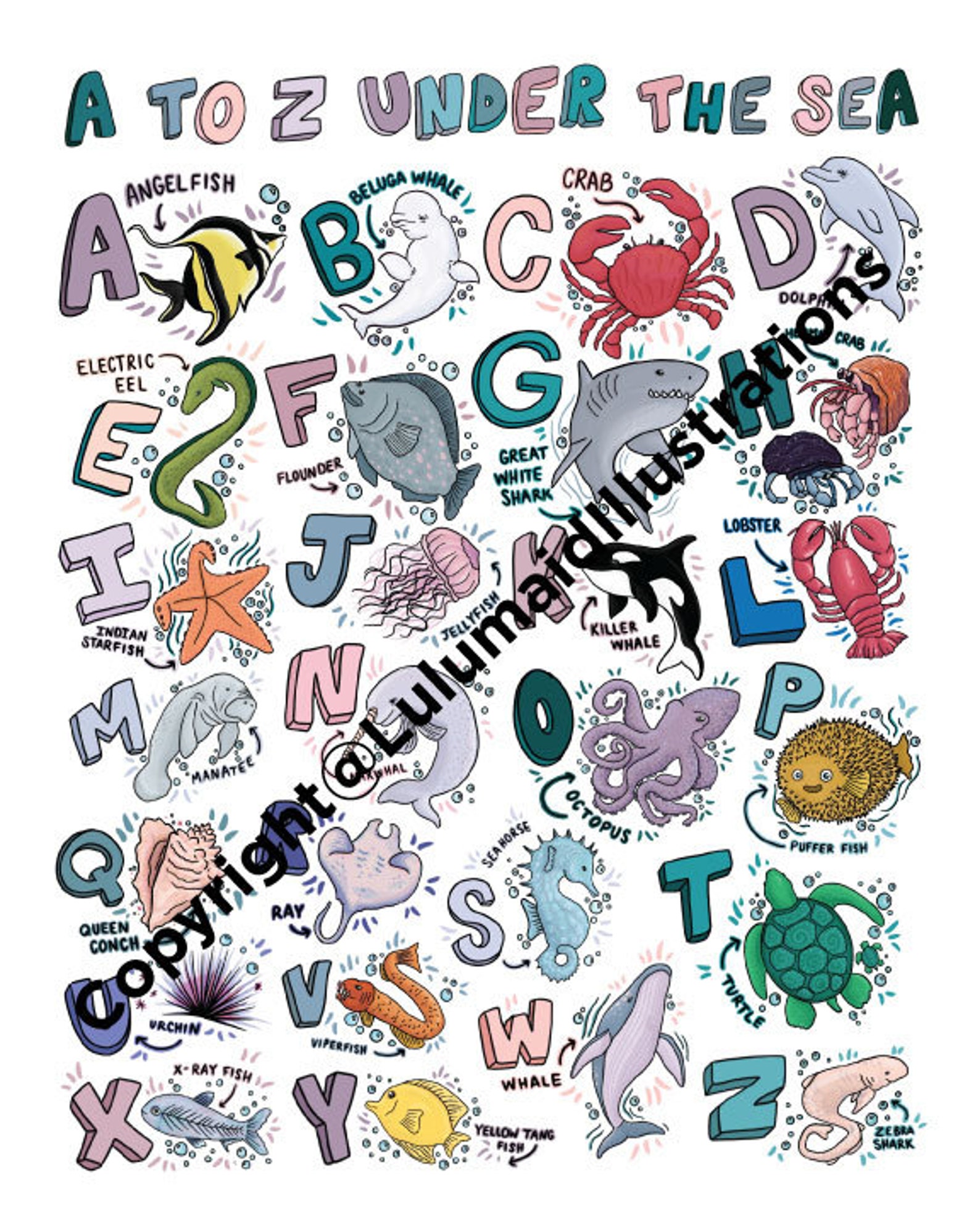 A to Z Under the Sea Alphabet Illustration Art Print - Etsy