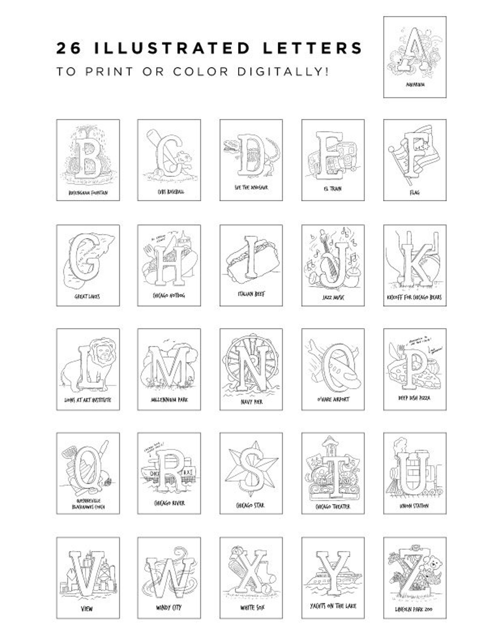 Digital Coloring Book: Chicago Alphabet Illustrated Coloring | Etsy
